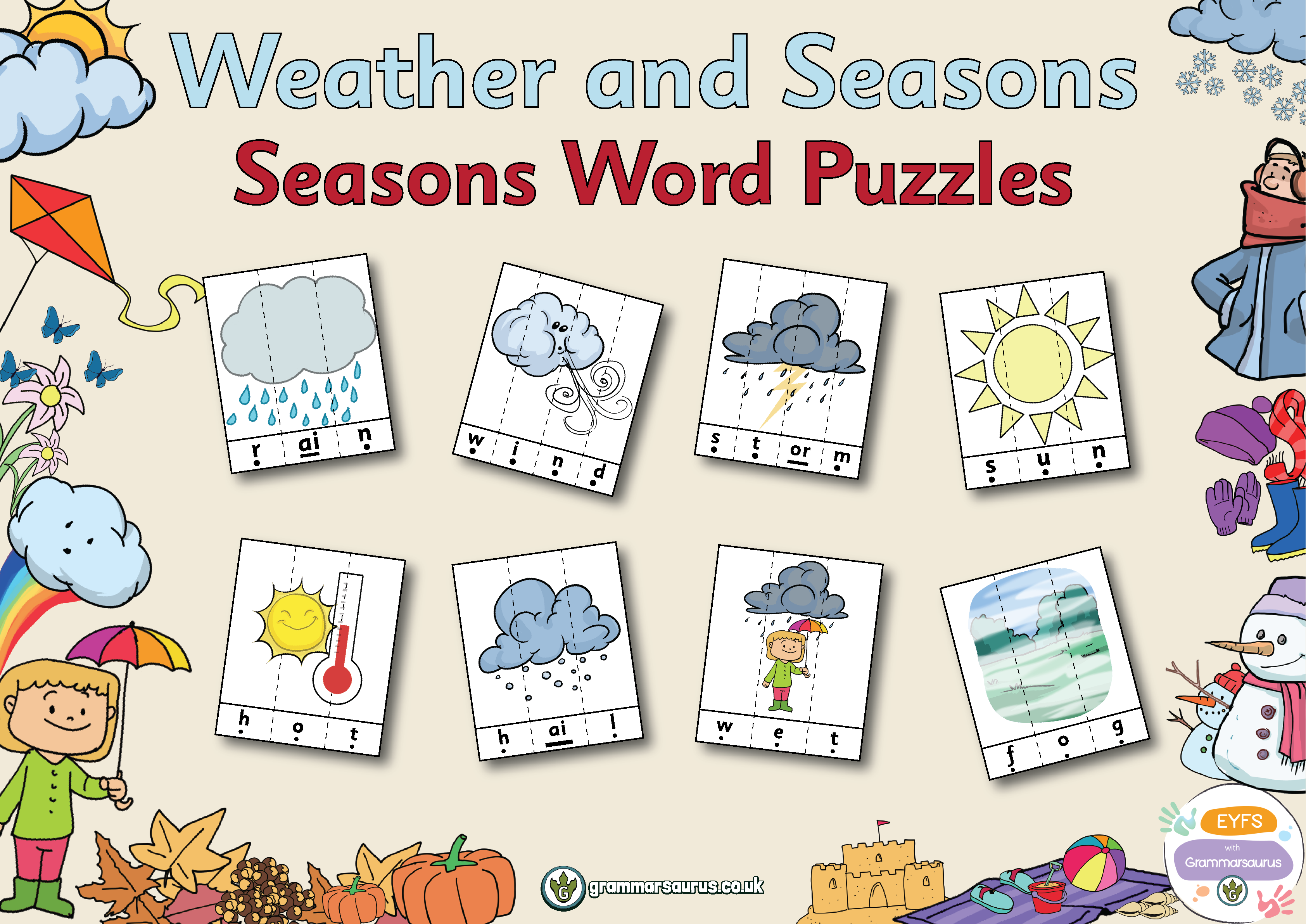 EYFS Weather and Seasons - Seasons Word Puzzles - Grammarsaurus