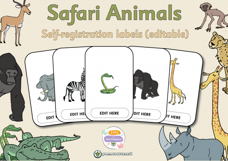 EYFS Safari Animals - Self Registration Labels (editable) - Grammarsaurus
