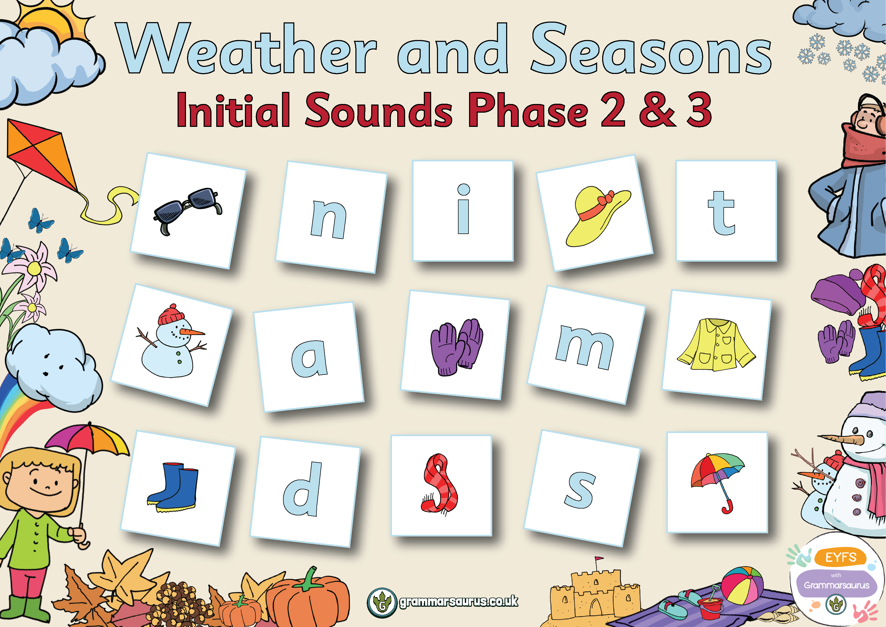 EYFS Weather and Seasons - Initial Sounds Phase 2 & 3 - Grammarsaurus