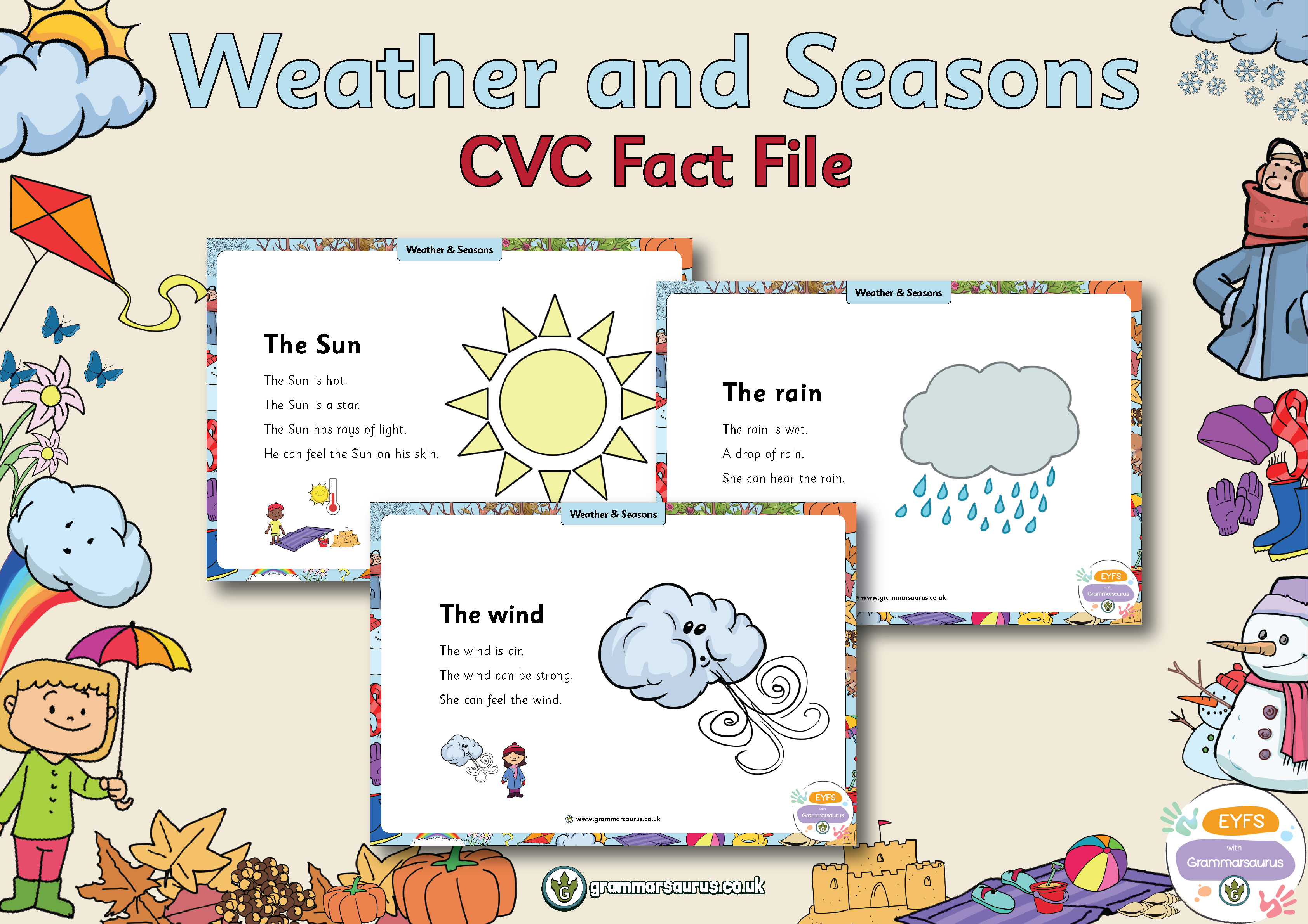 EYFS Weather and Seasons - CVC Fact File - Grammarsaurus