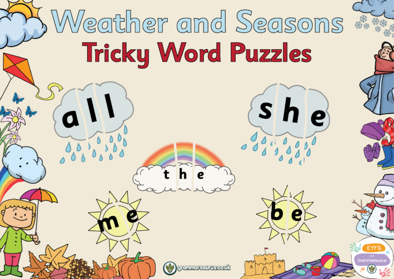 EYFS Weather and Seasons - Tricky Word Puzzles - Grammarsaurus