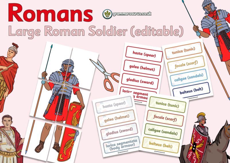Romans Display - Large Roman soldier with labels (editable) - Grammarsaurus