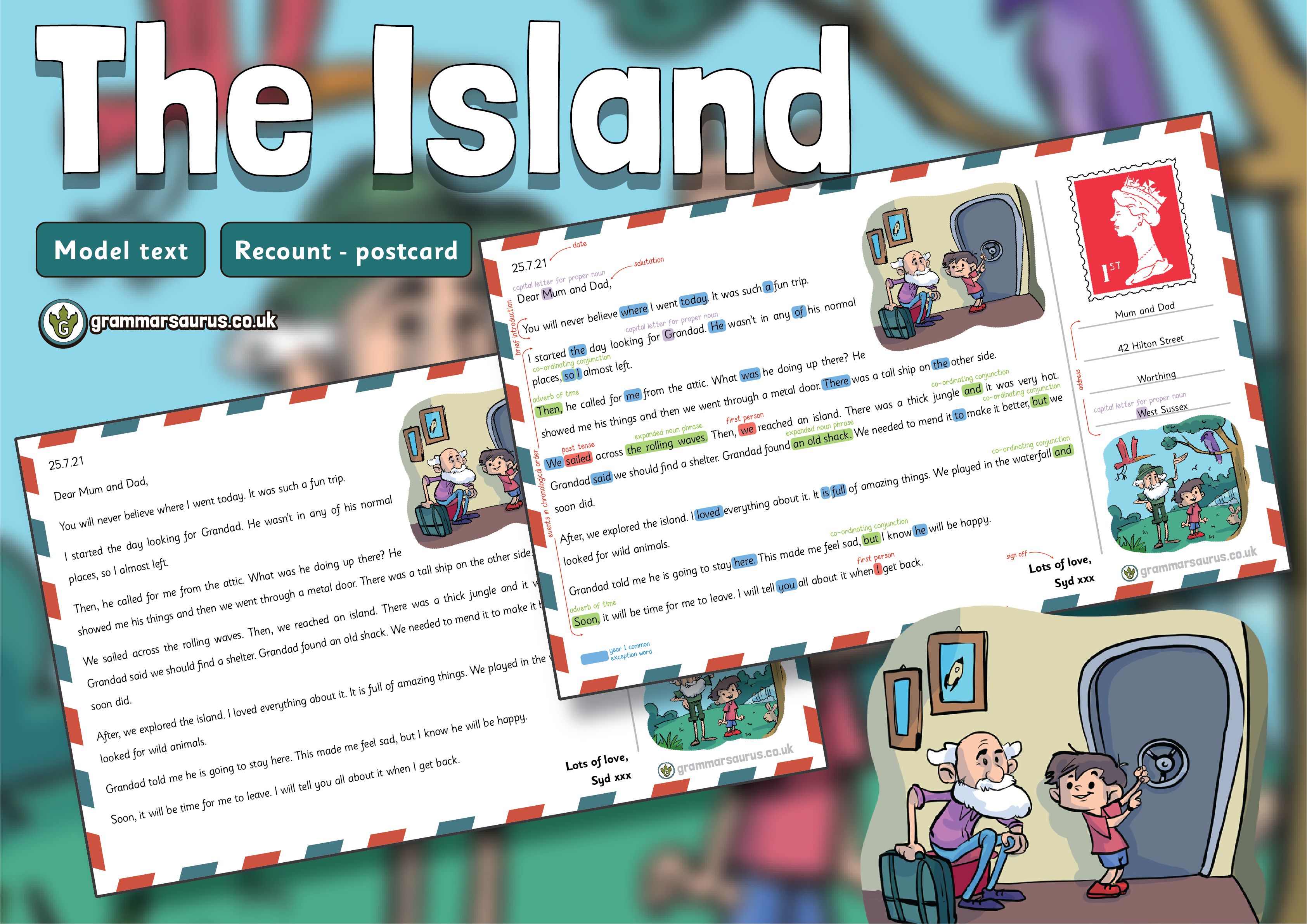 Year 1 Model Text - Recount - Postcard - The Island - Grammarsaurus