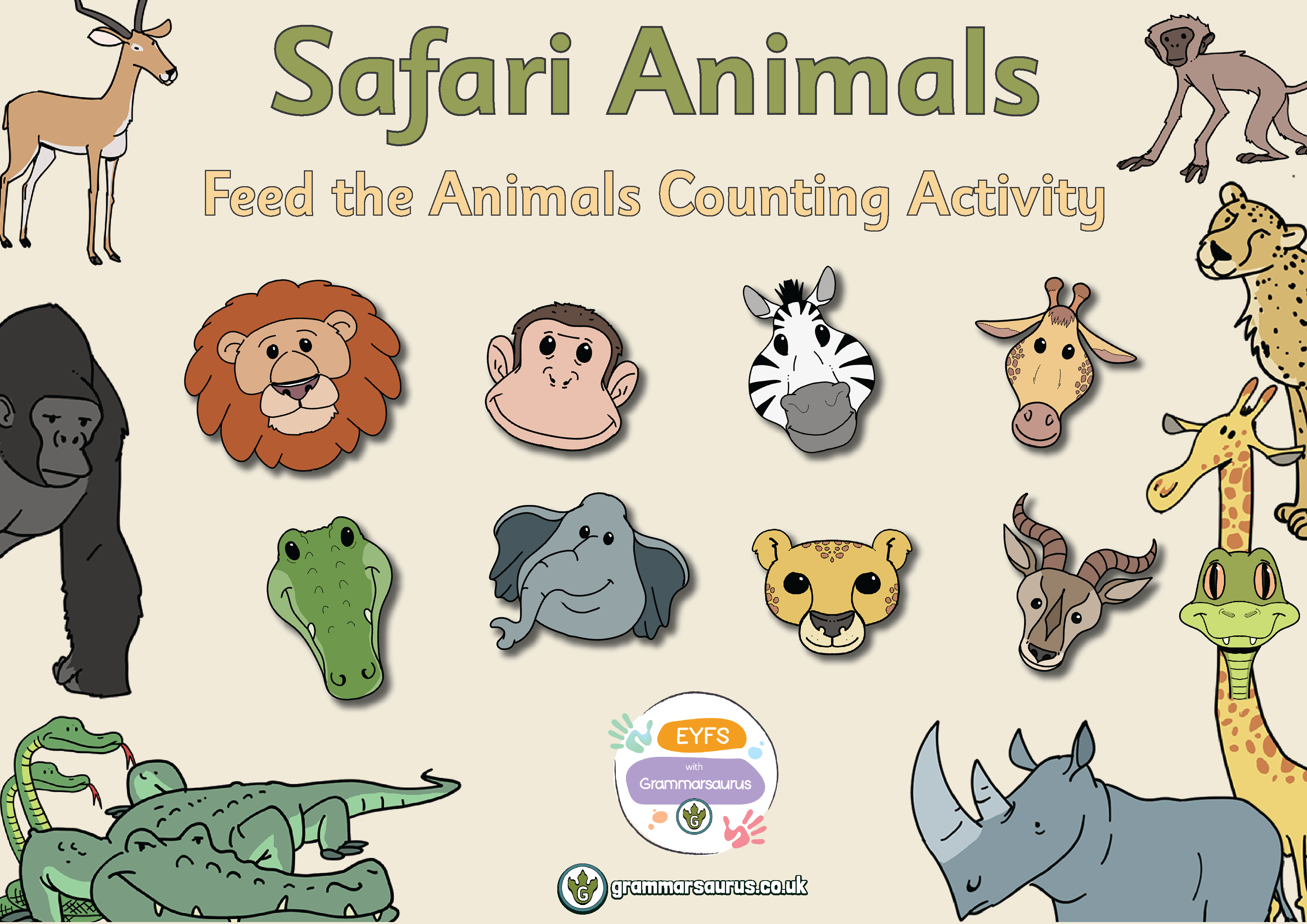 EYFS Safari Animals - Feed the Animals Counting Activity - Grammarsaurus