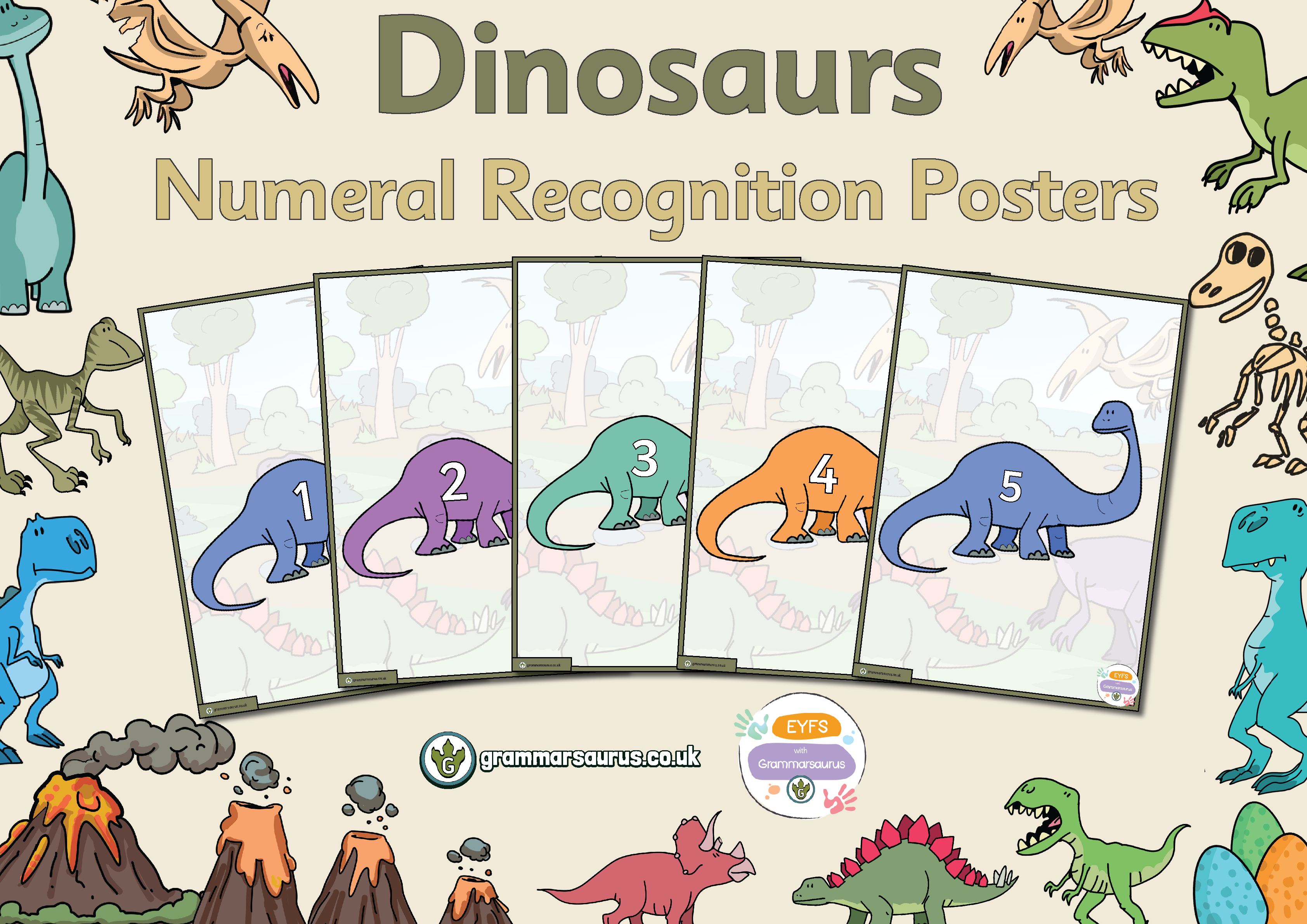 EYFS Dinosaurs - Numeral Recognition Posters - Grammarsaurus