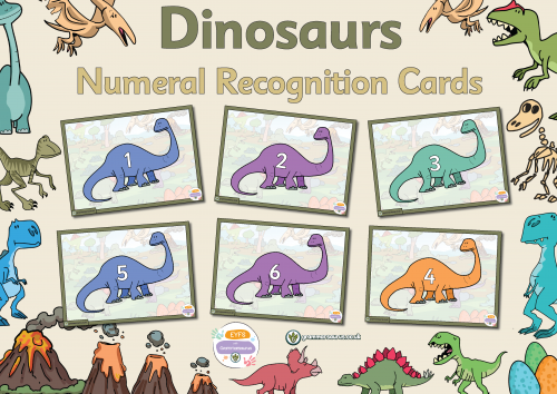EYFS Dinosaurs - Numeral Recognition Cards - Grammarsaurus