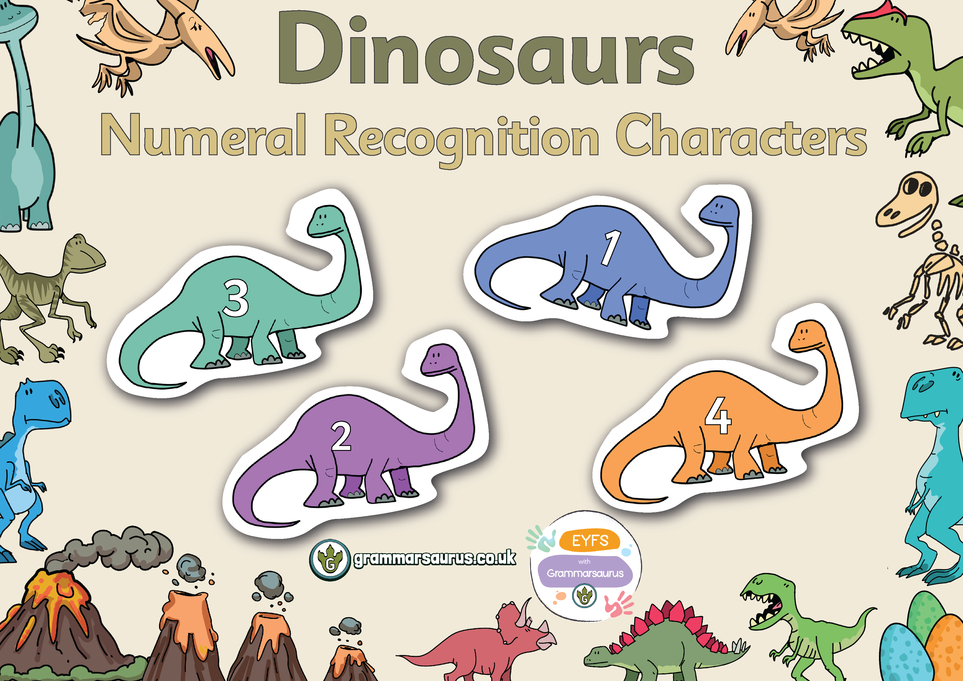 EYFS Dinosaurs - Numeral Recognition Characters - Grammarsaurus
