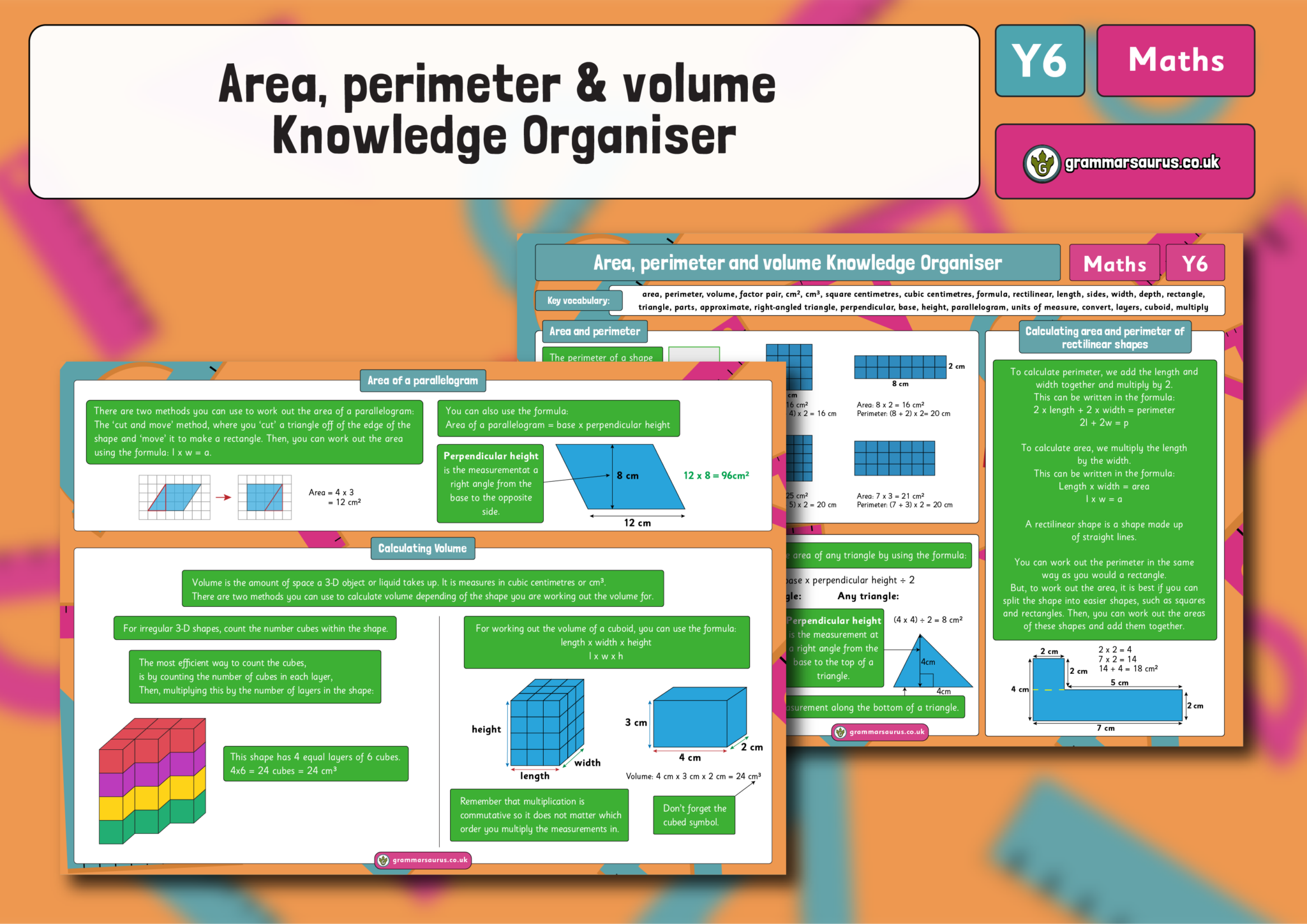 Year 6 Area, Perimeter and Volume - Knowledge Organiser - Grammarsaurus