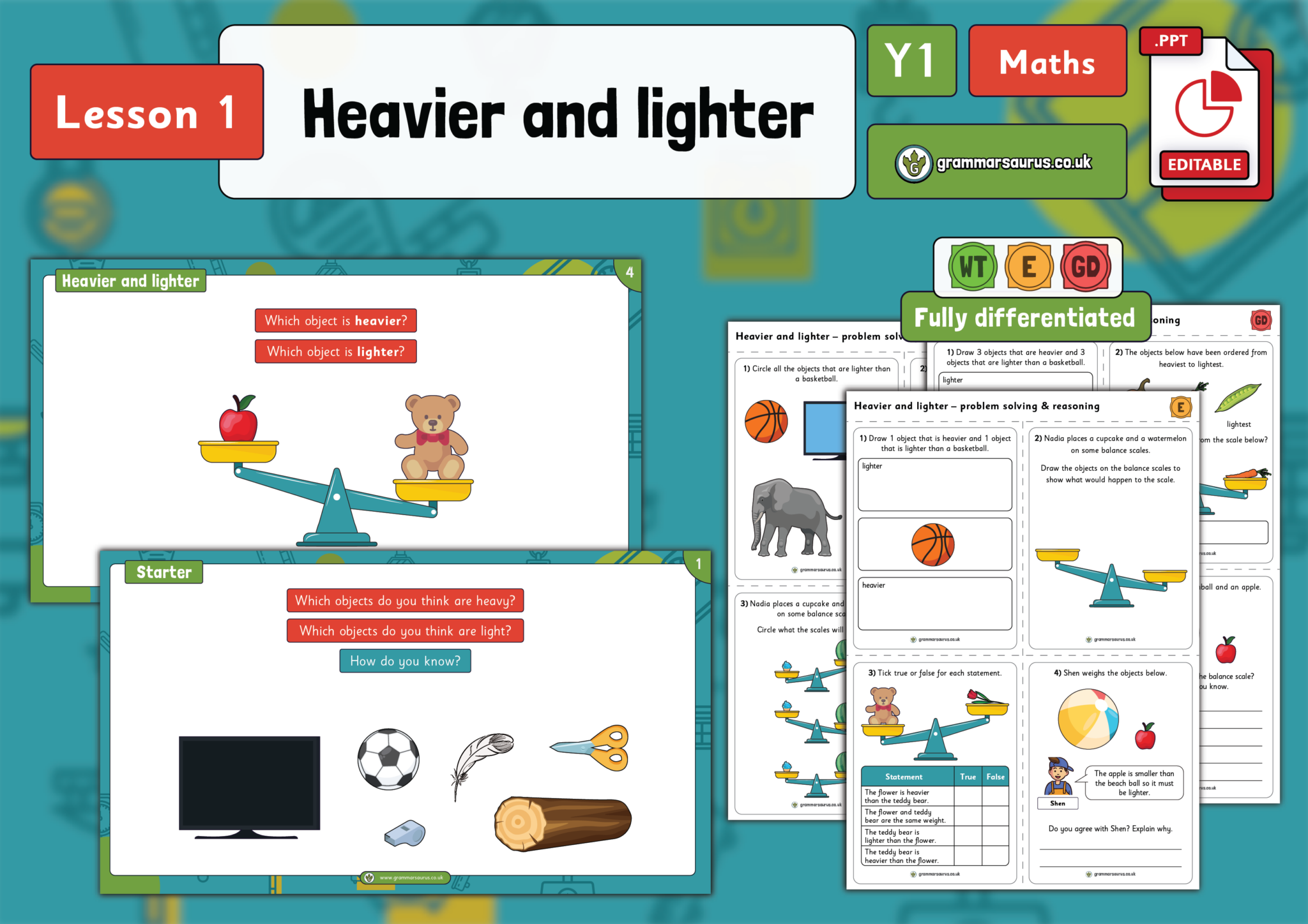 Year 1 Mass and Volume - Heavier and lighter - Lesson 1 - Grammarsaurus
