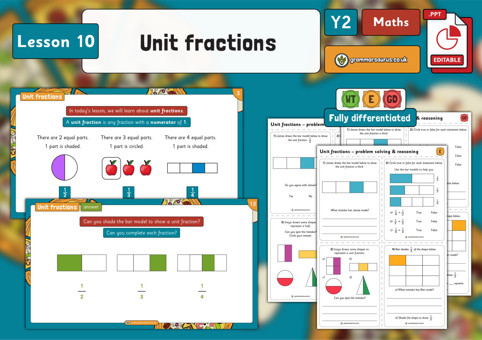 Year 2 Fractions - Unit fractions - Lesson 10 - Grammarsaurus