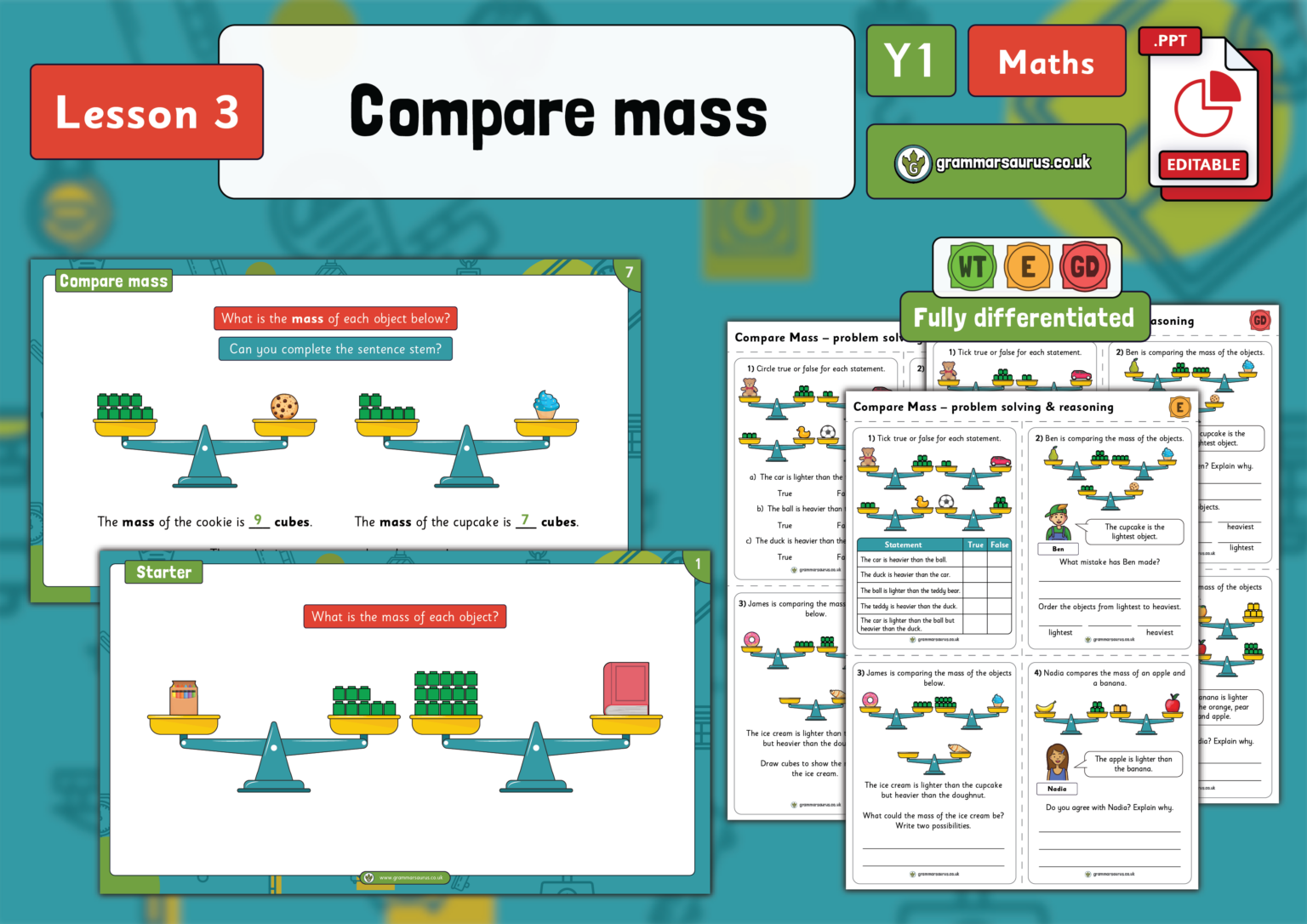 Year 1 Mass and Volume - Compare mass - Lesson 3 - Grammarsaurus