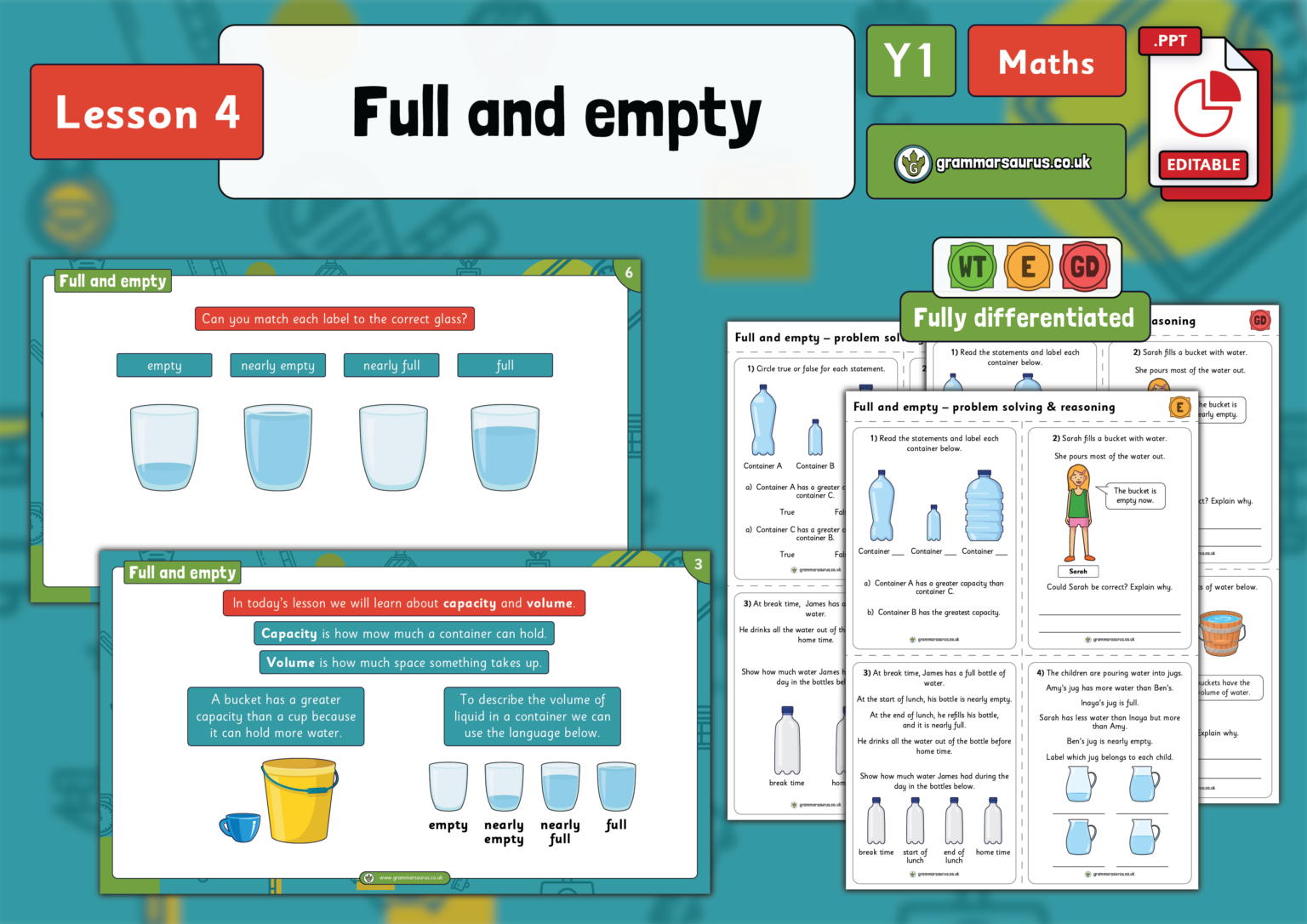 Year 1 Mass and Volume - Full and empty - Lesson 4 - Grammarsaurus