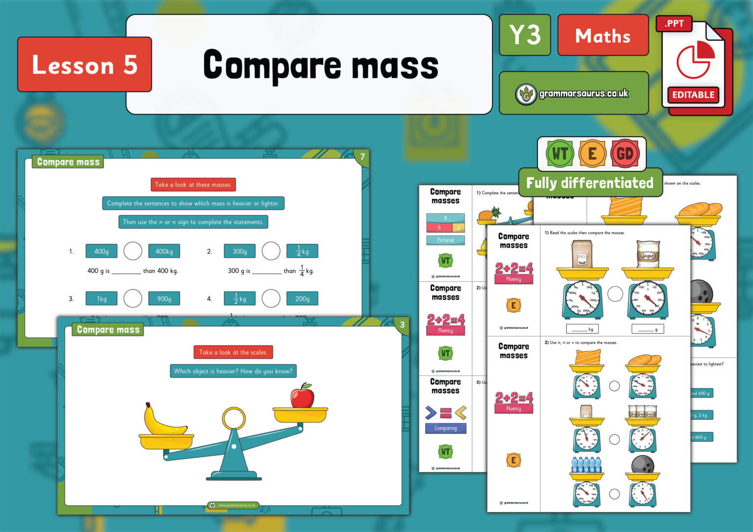 Year 3 Mass and Capacity - Compare Mass - Lesson 5 - Grammarsaurus