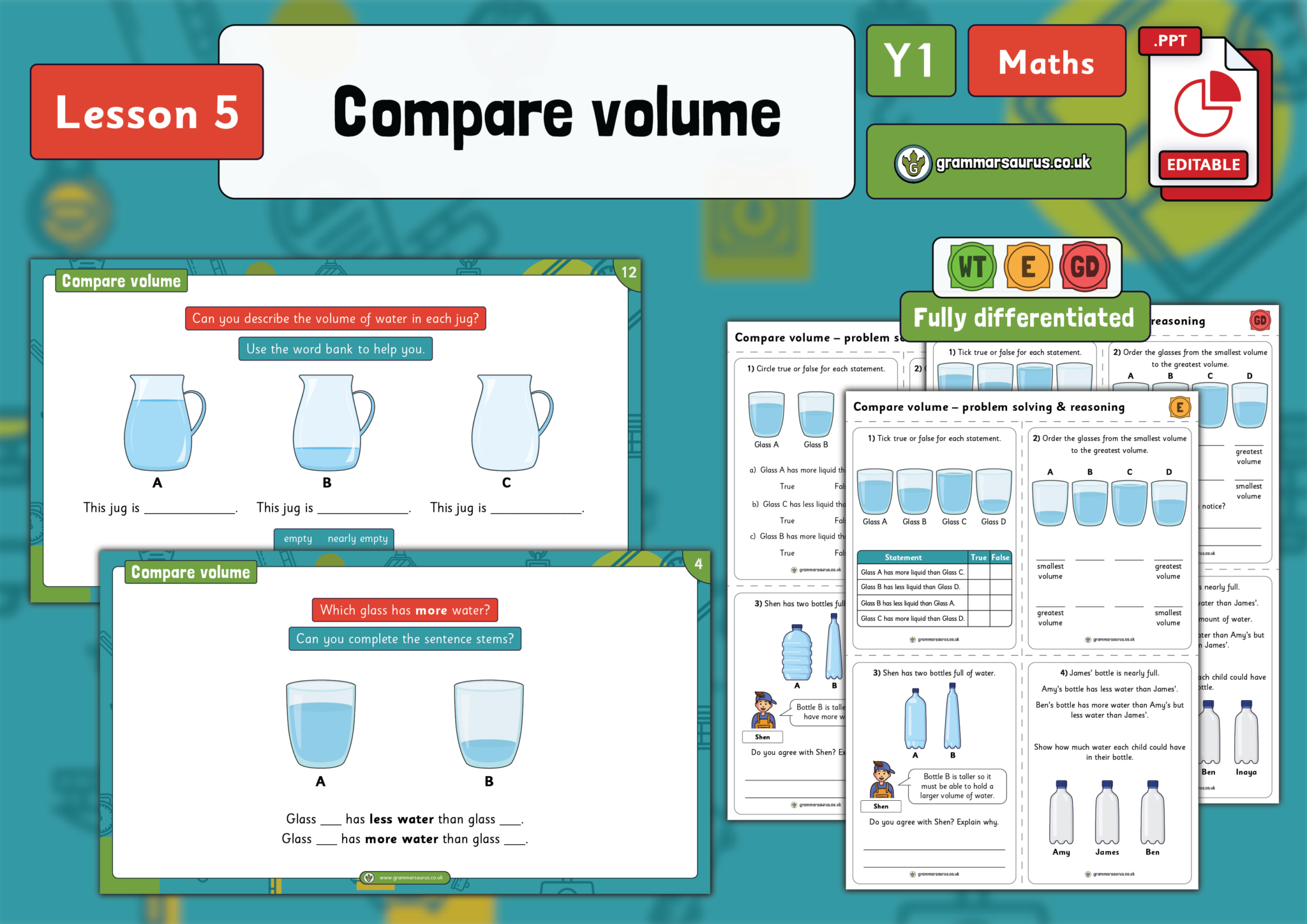 Year 1 Mass and Volume - Compare volume - Lesson 5 - Grammarsaurus