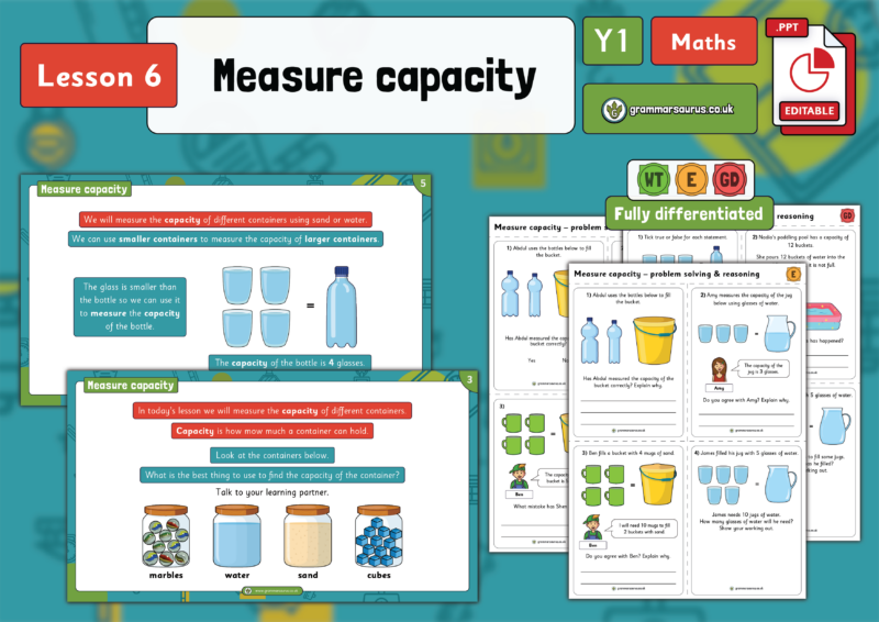 Year 1 Mass and Volume - Measure Capacity - Lesson 6 - Grammarsaurus