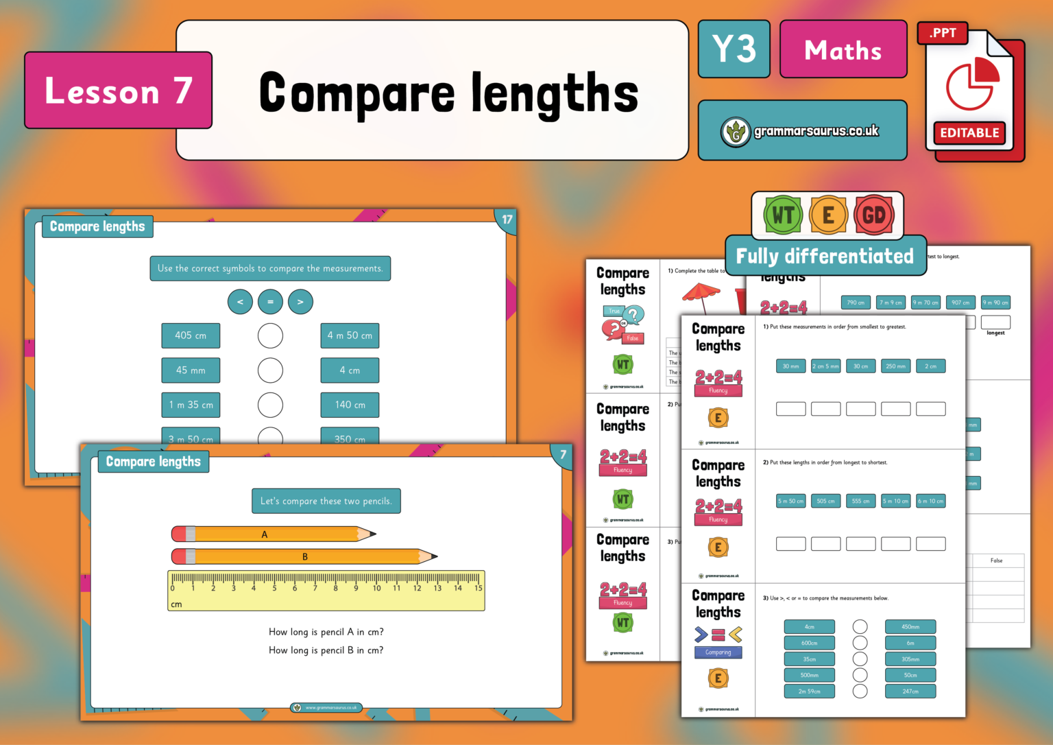 Year 3 Length and Perimeter - Compare lengths - Lesson 7 - Grammarsaurus