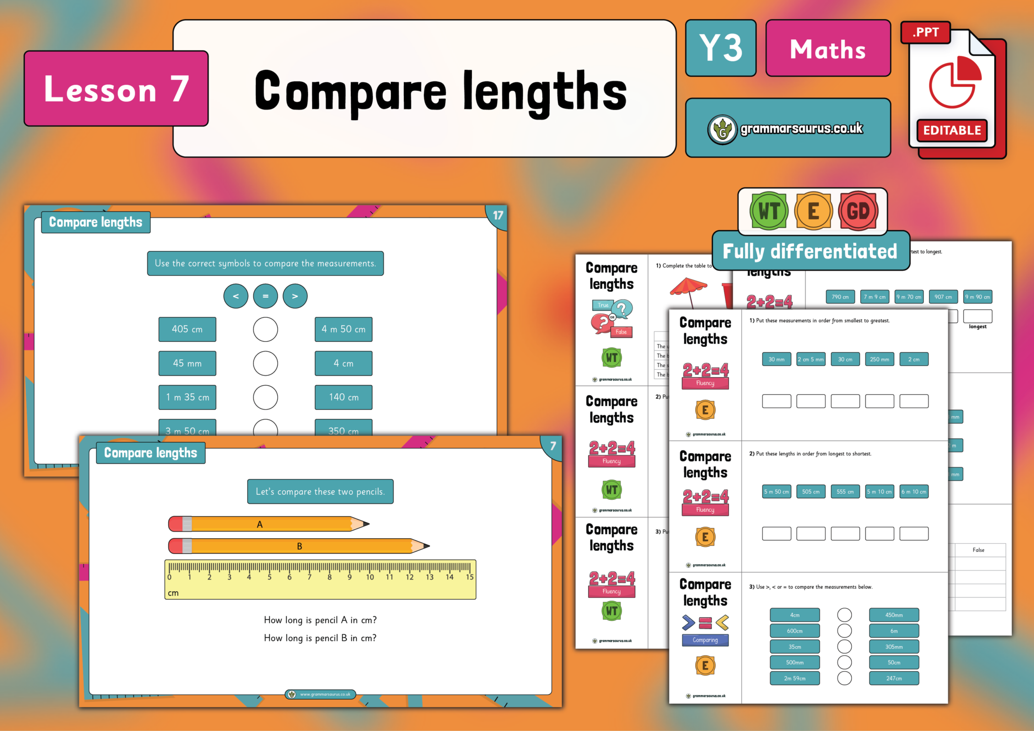 Year 3 Length and Perimeter - Compare lengths - Lesson 7 - Grammarsaurus
