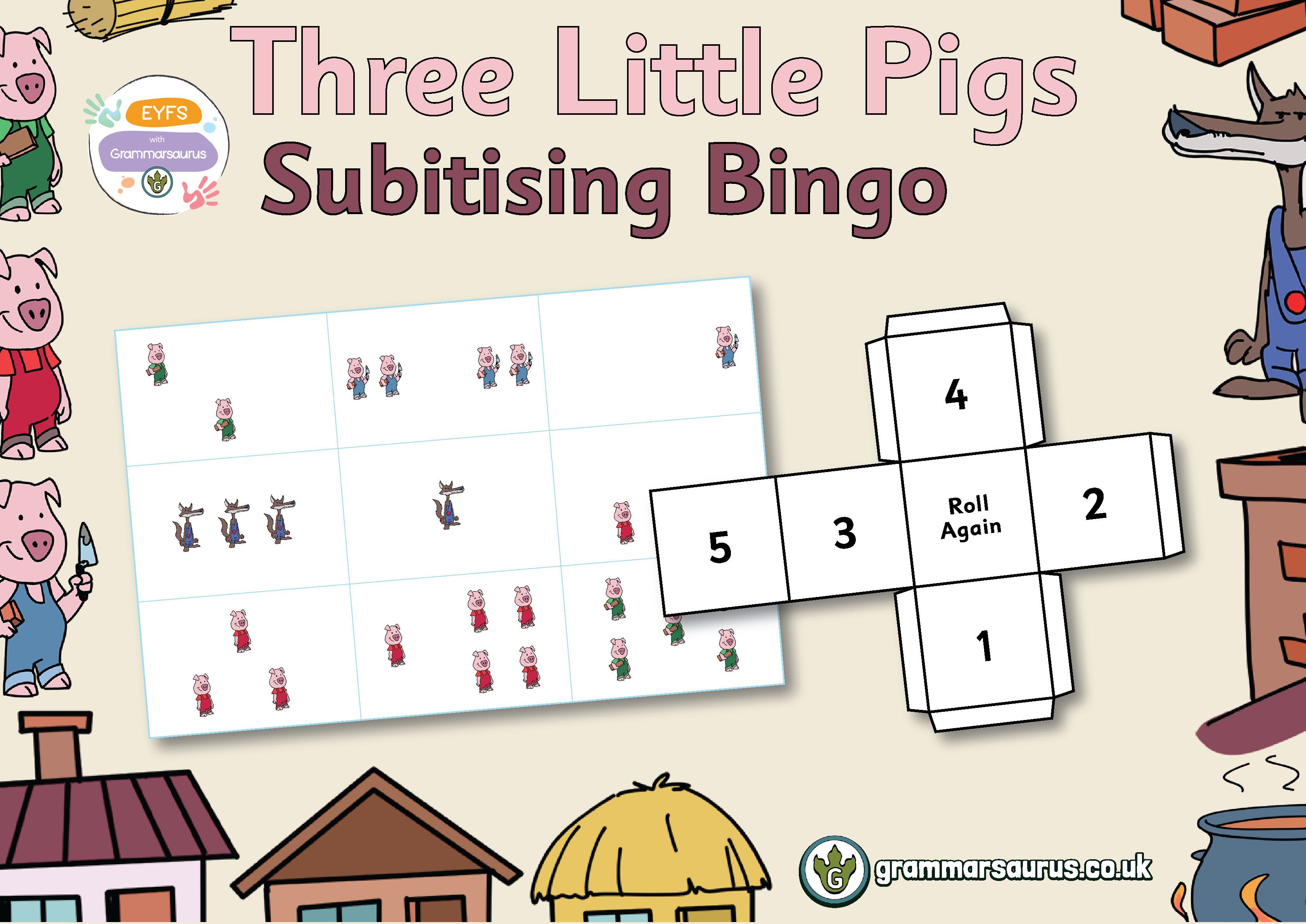 EYFS Three Little Pigs - Subitising Bingo - Grammarsaurus