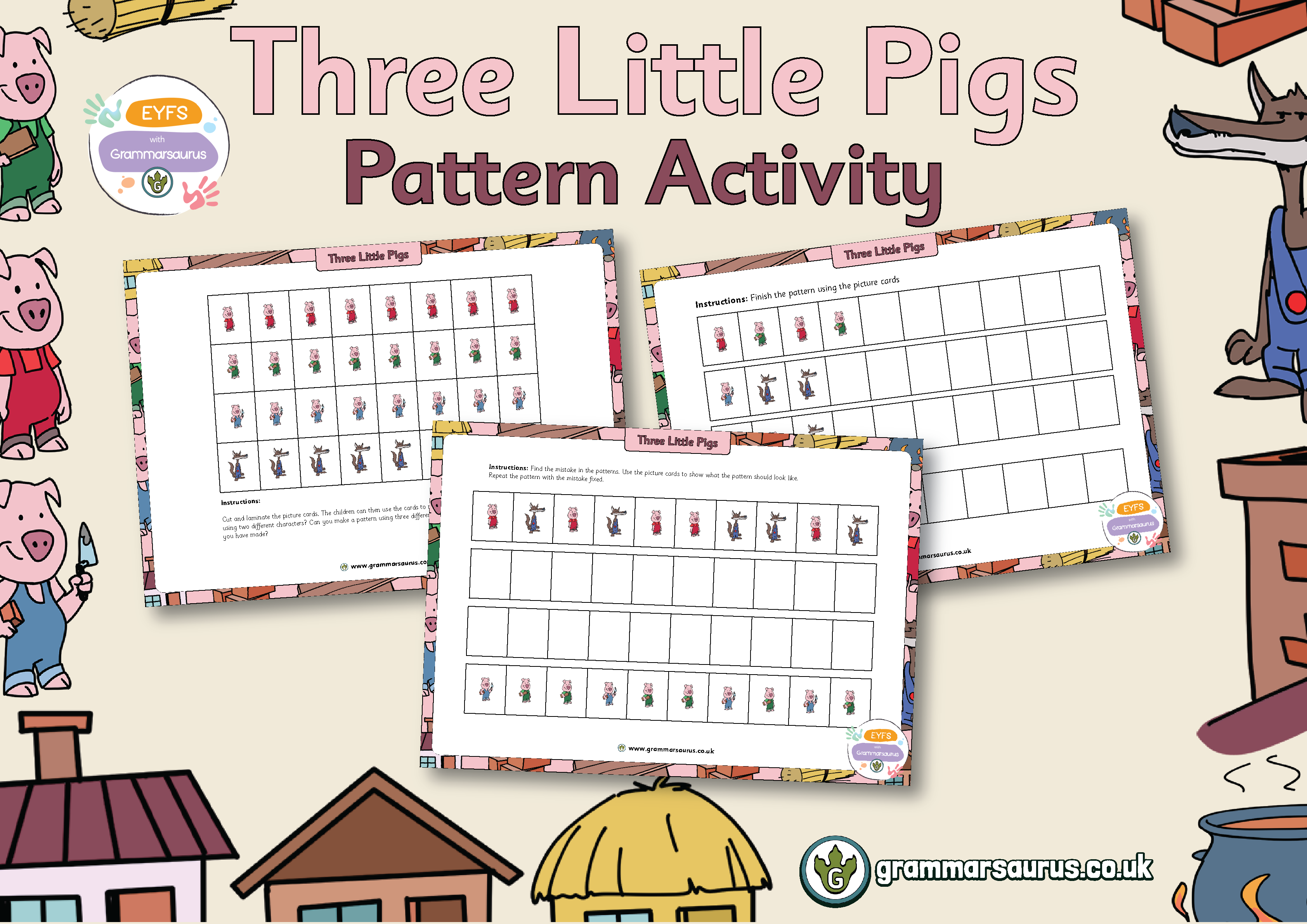 EYFS Three Little Pigs - Three Little Pigs Pattern Activity - Grammarsaurus