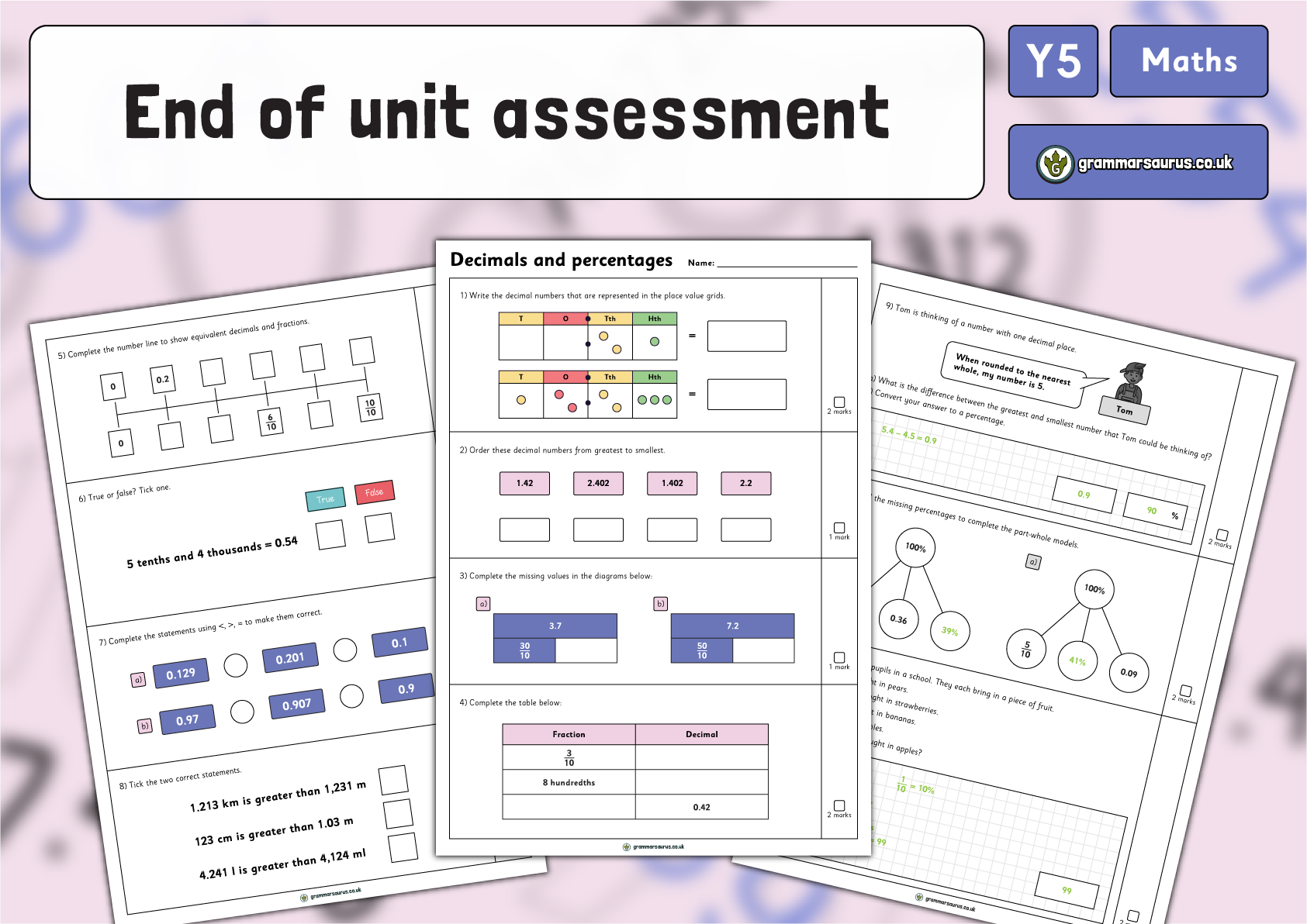 Year 5 Decimals - End of Unit Assessment - Grammarsaurus