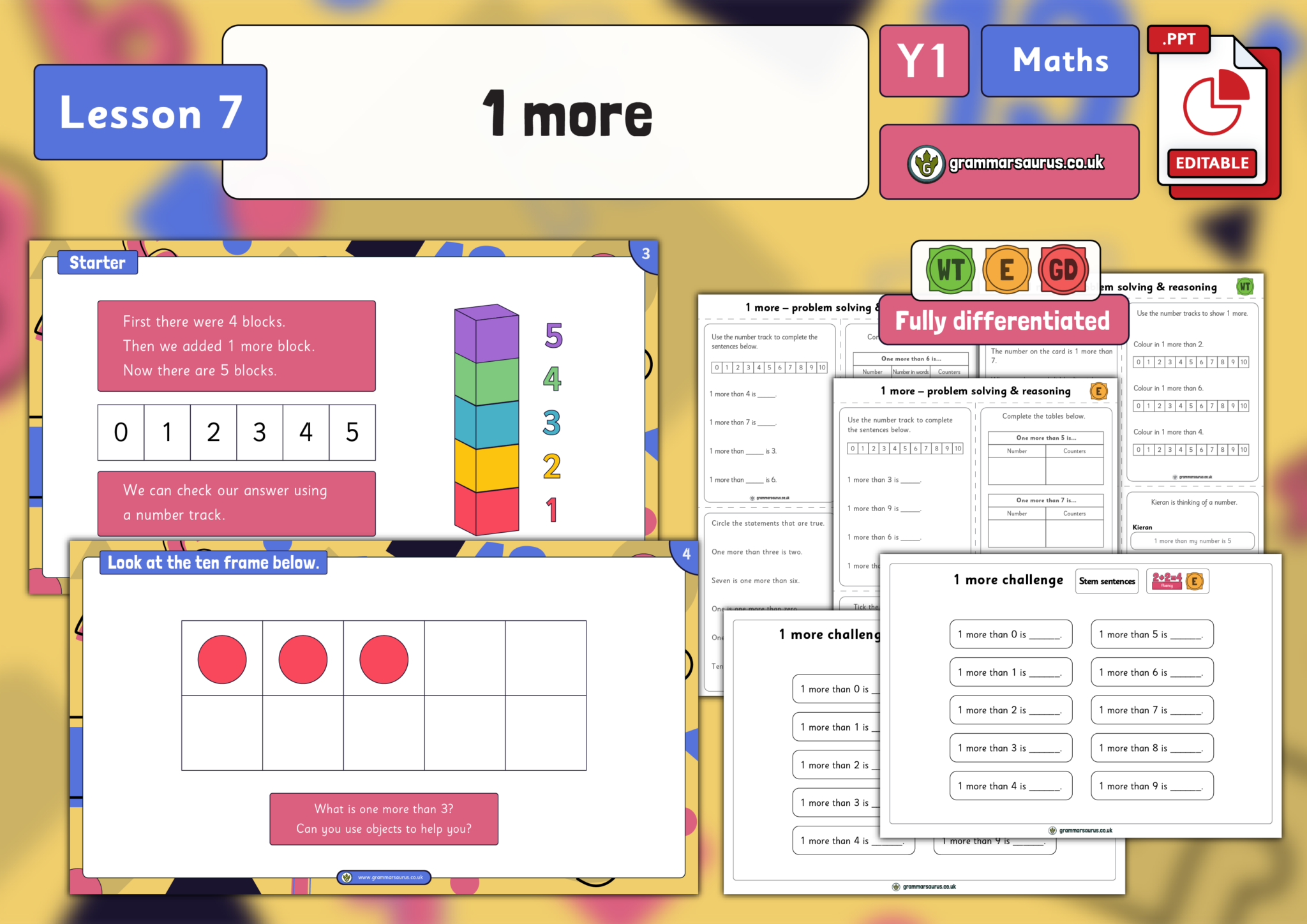 Year 1 Place Value (within 10) - 1 More - Lesson 7 - Grammarsaurus