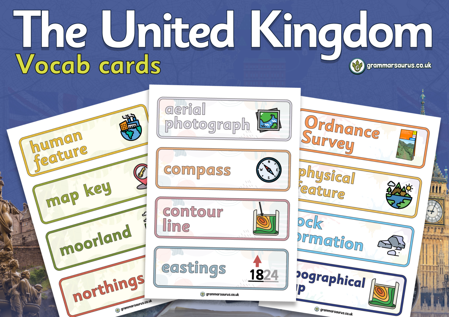Year 3 Geography – United Kingdom – Vocab cards - Grammarsaurus