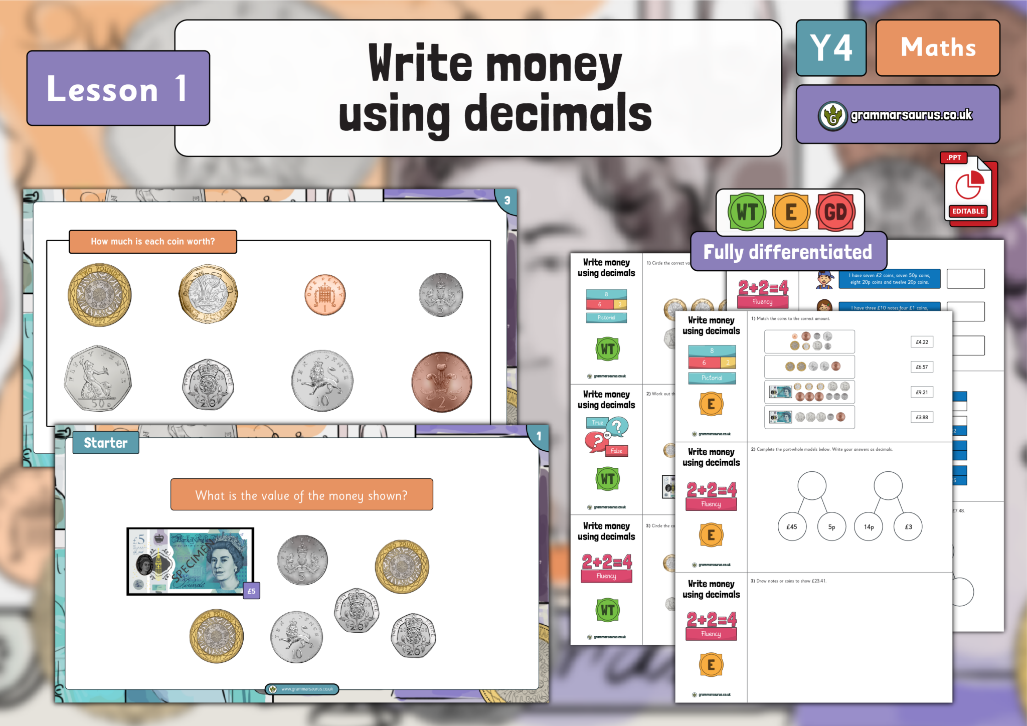 Year 4 Money - Write money using decimals - Lesson 1 - Grammarsaurus