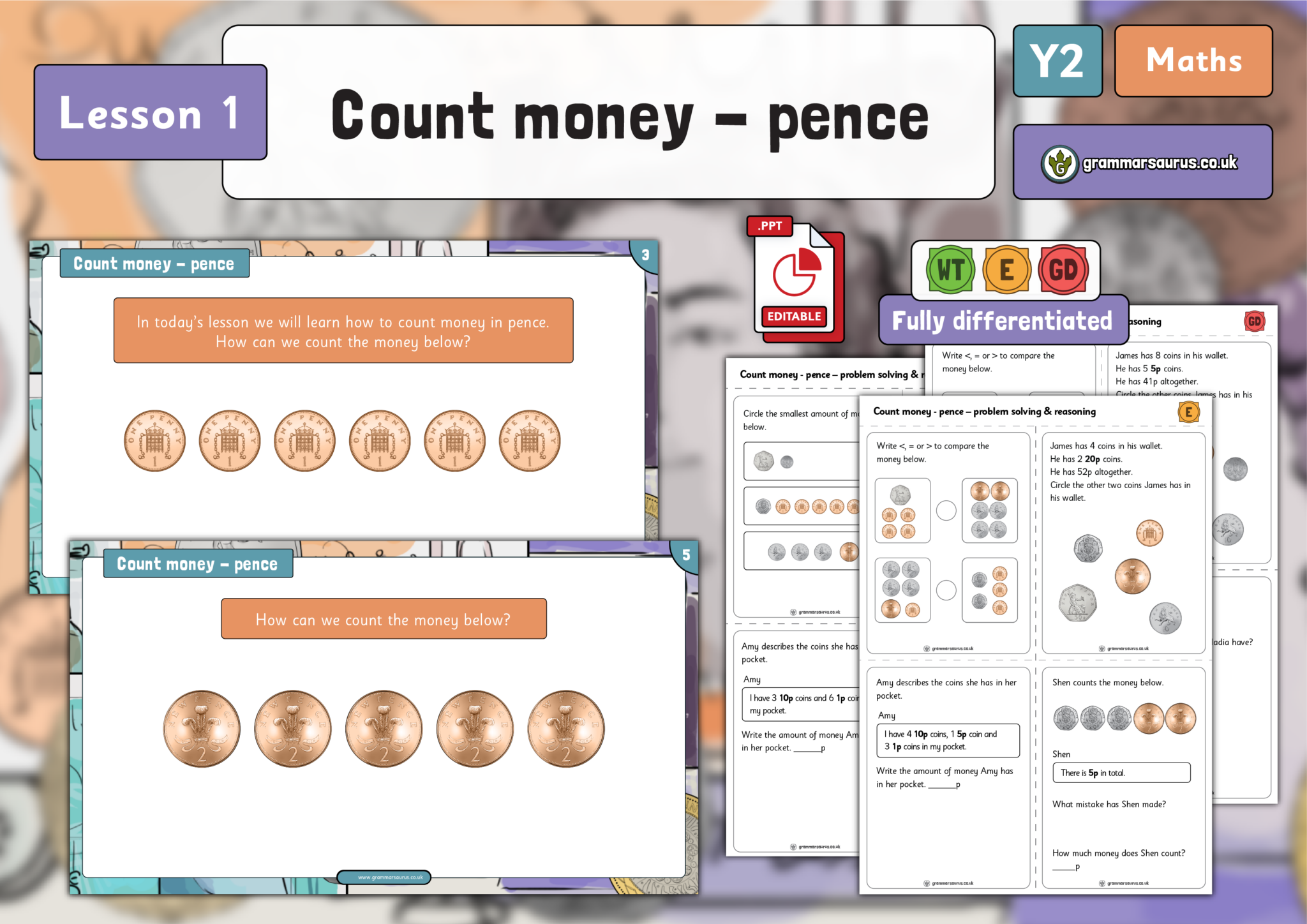 Year 2 Money - Count money - Pence - Lesson 1 - Grammarsaurus