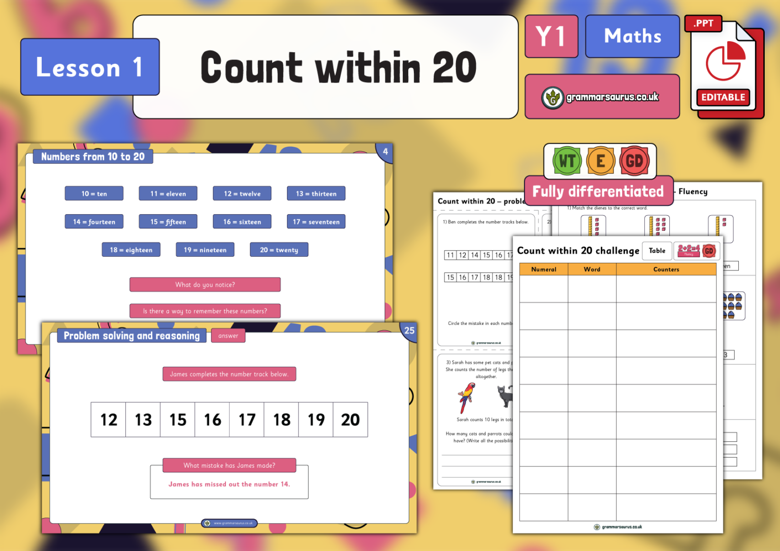 Year 1 Place Value (within 20) - Count within 20 - Lesson 1 - Grammarsaurus