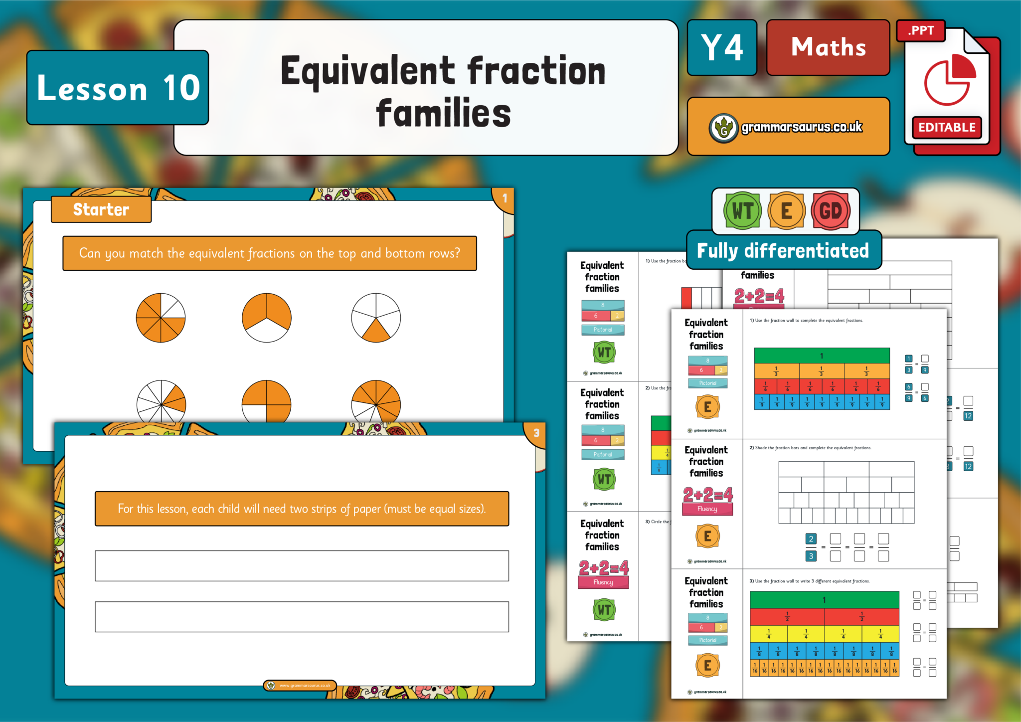Year 4 Fractions - Equivalent fraction families- Lesson 10 - Grammarsaurus