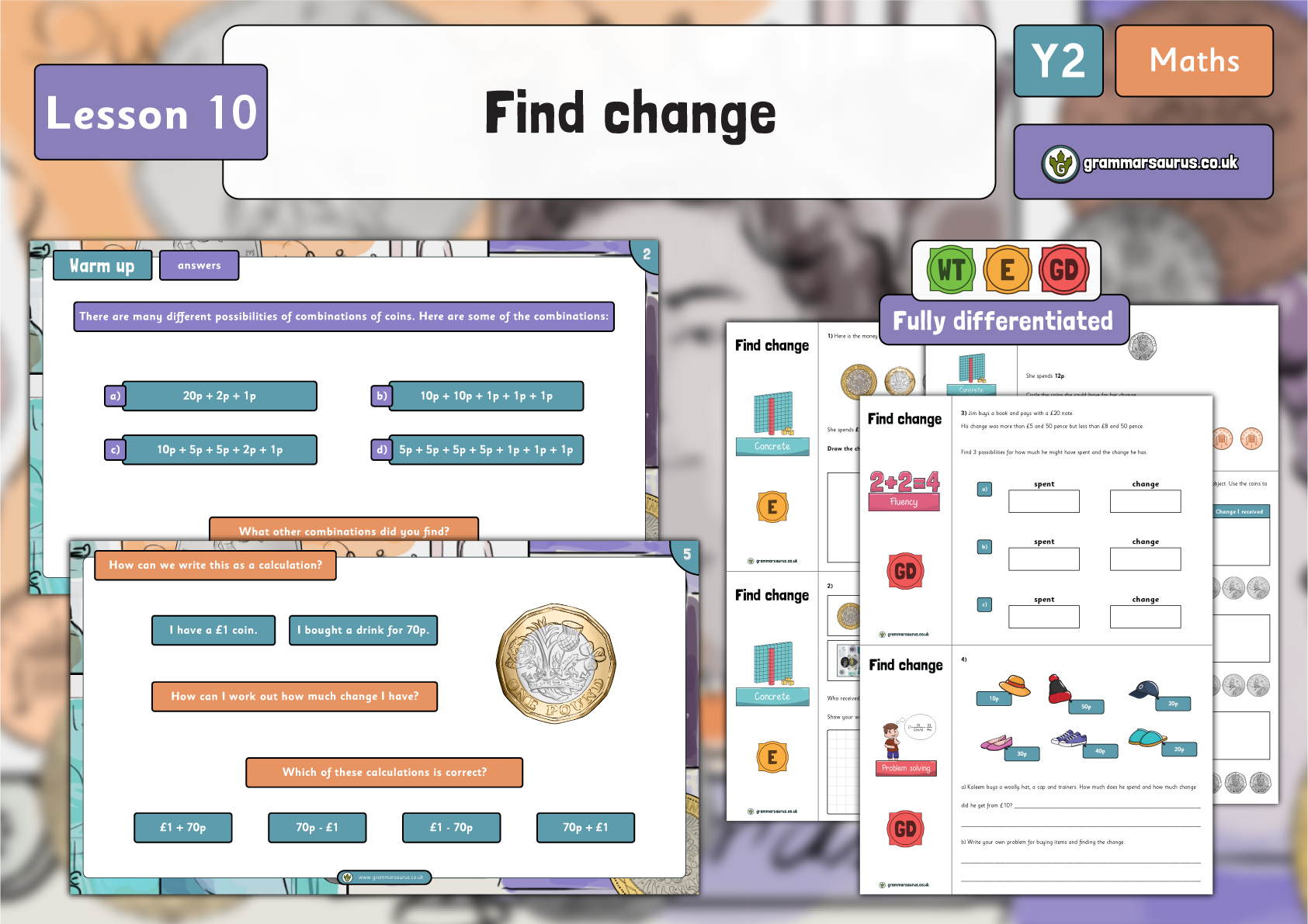 Year 2 Measurement - Money - Find Change - Lesson 10 - Grammarsaurus