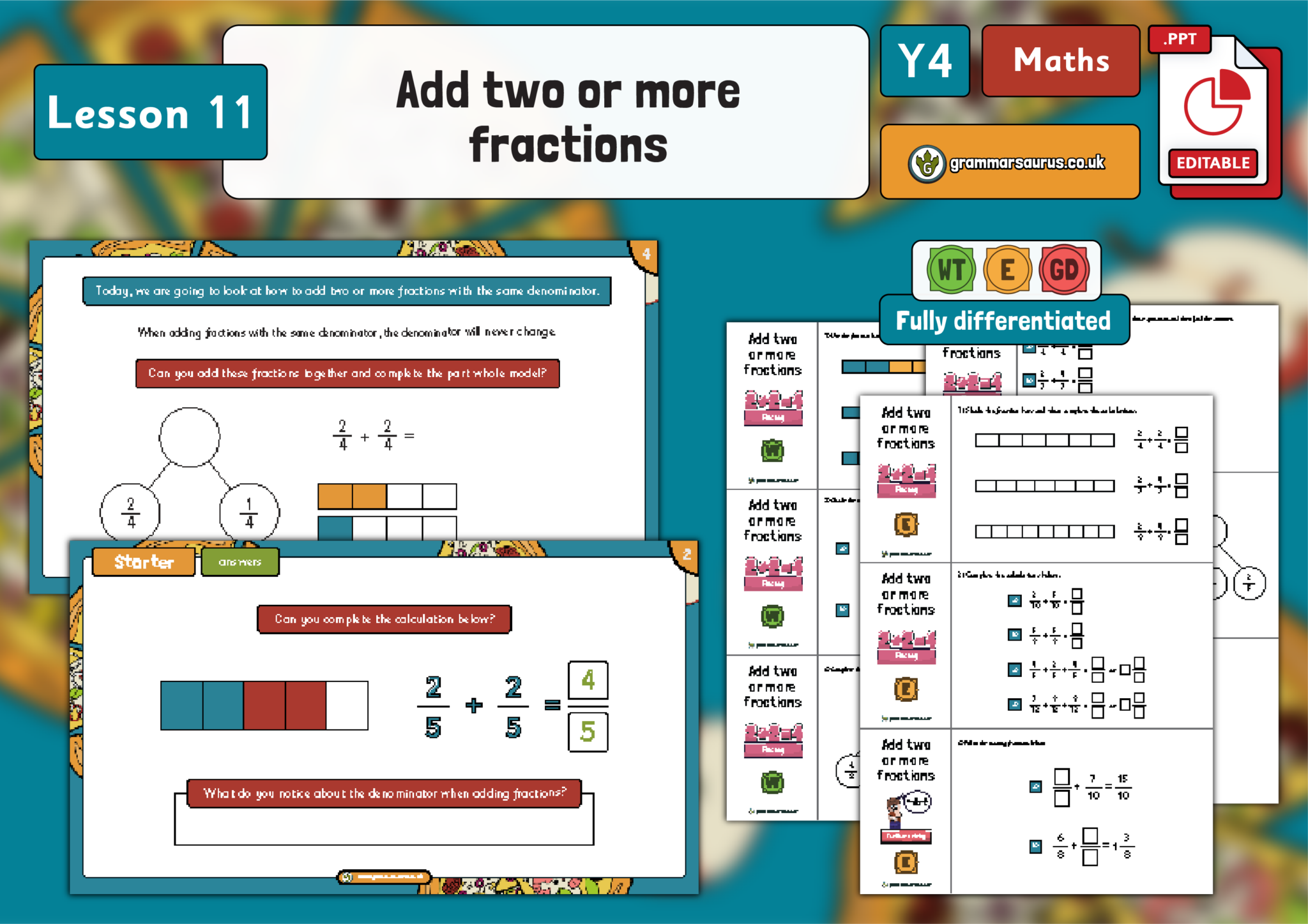 Year 4 Fractions - Add two or more fractions - Lesson 11 - Grammarsaurus