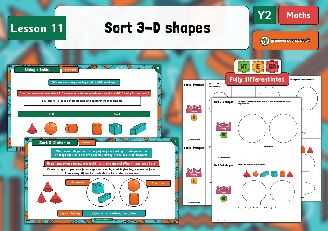 Year 2 Properties of Shape - Sort 3-D Shapes - Lesson 11 - Grammarsaurus