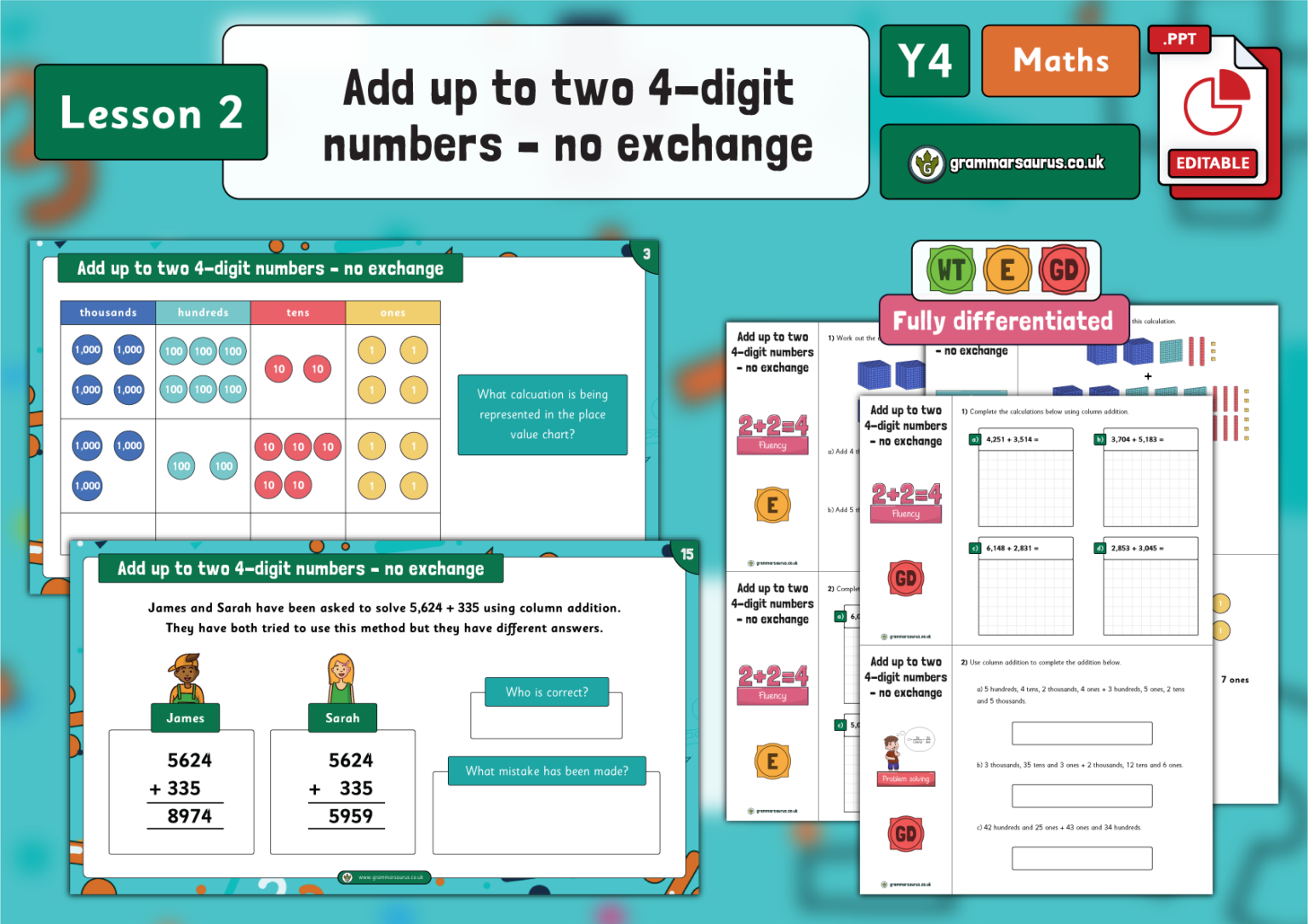Year 4 Addition and Subtraction - Add up to two 4-digit numbers - no exchange - Lesson 2 ...