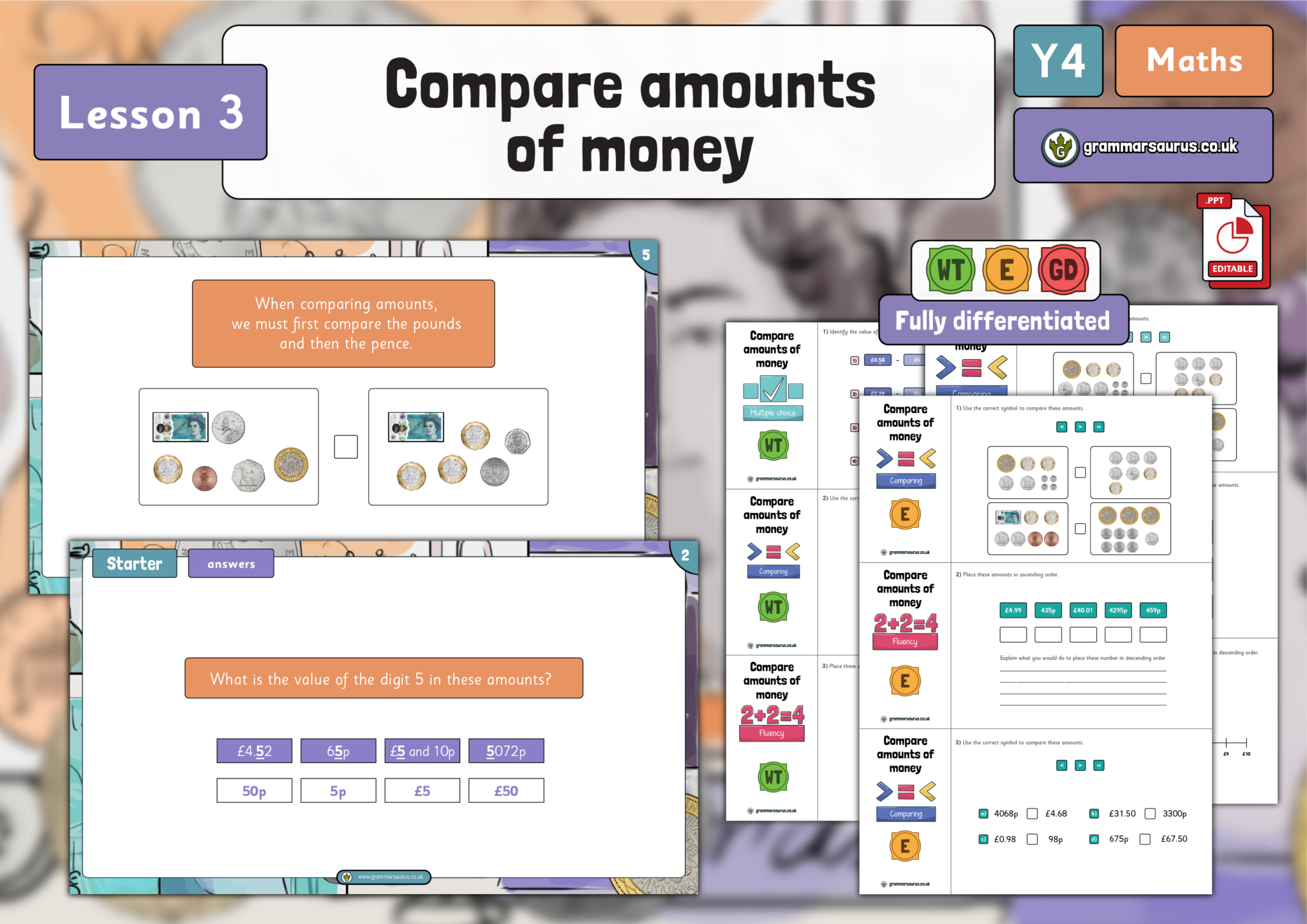 Year 4 Money - Compare amount of money - Lesson 3 - Grammarsaurus