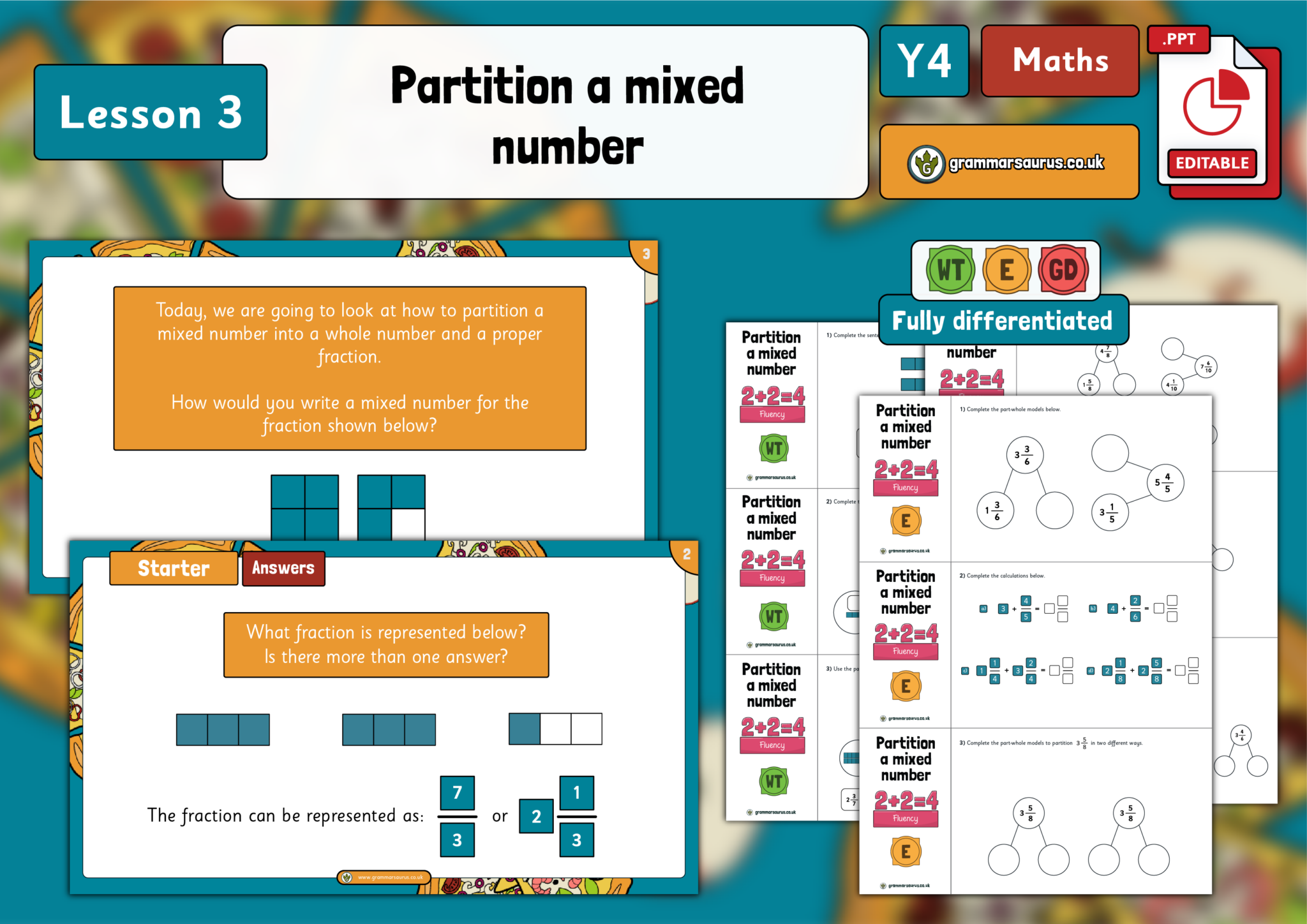 Year 4 Fractions - Partition a mixed number - Lesson 3 - Grammarsaurus