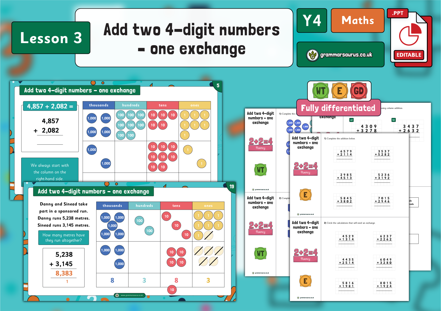 Year 4 Addition and Subtraction - Add two 4-digit numbers - one exchange - Lesson 3 - Grammarsaurus
