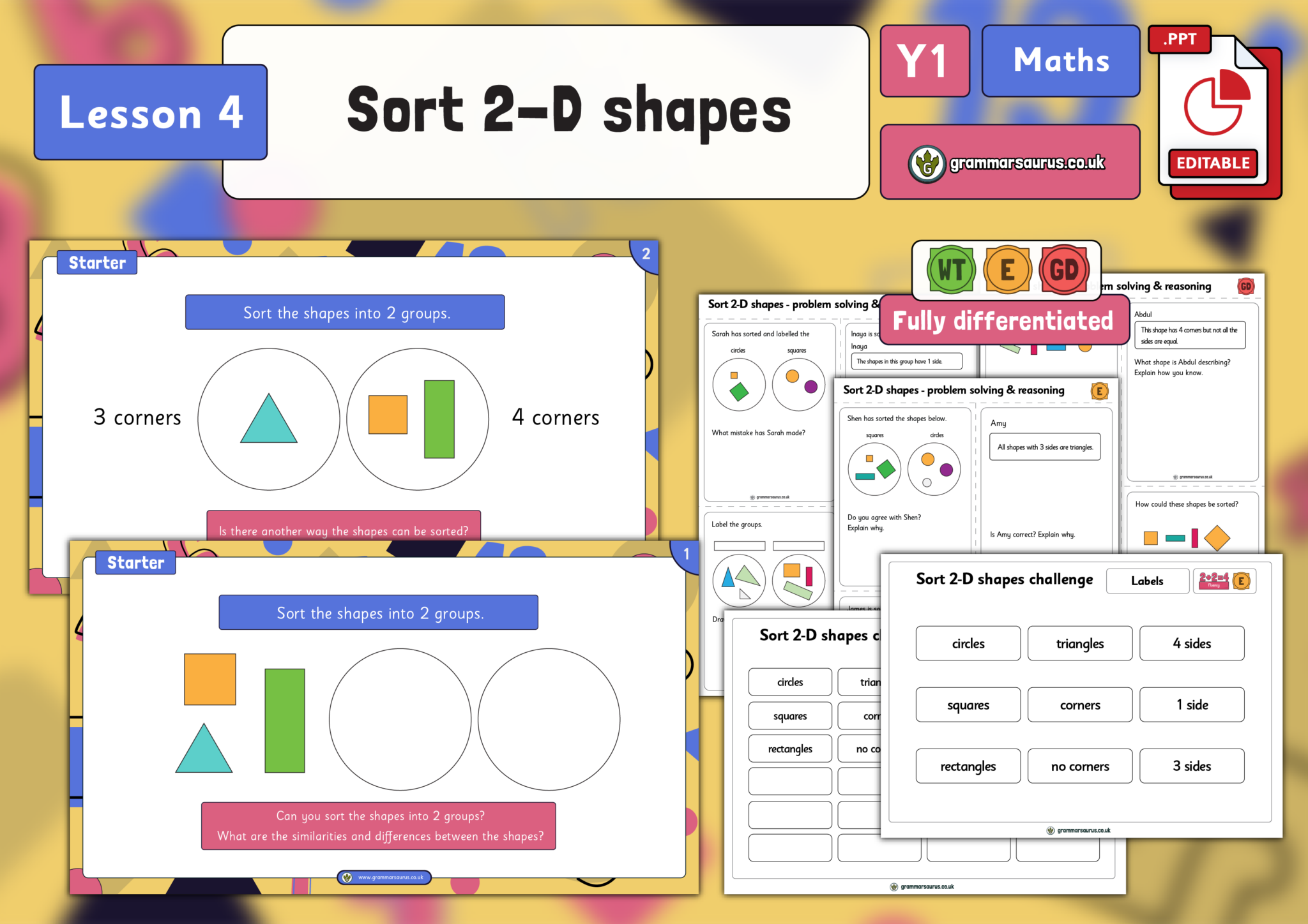 Year 1 2-D and 3-D Shapes - Sort 2-D Shapes -Lesson 4 - Grammarsaurus