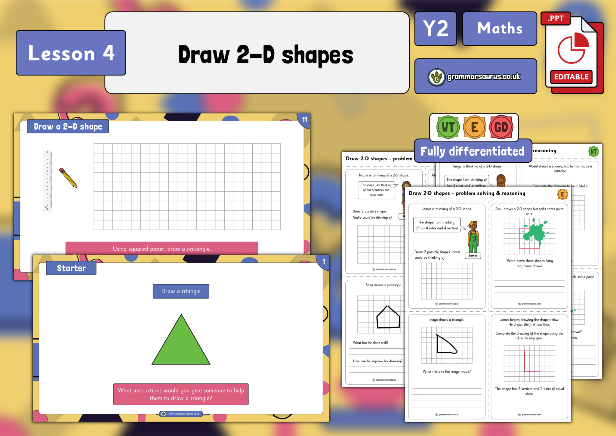 Year 2 Properties of Shape - Draw 2-D Shapes - Lesson 4 - Grammarsaurus