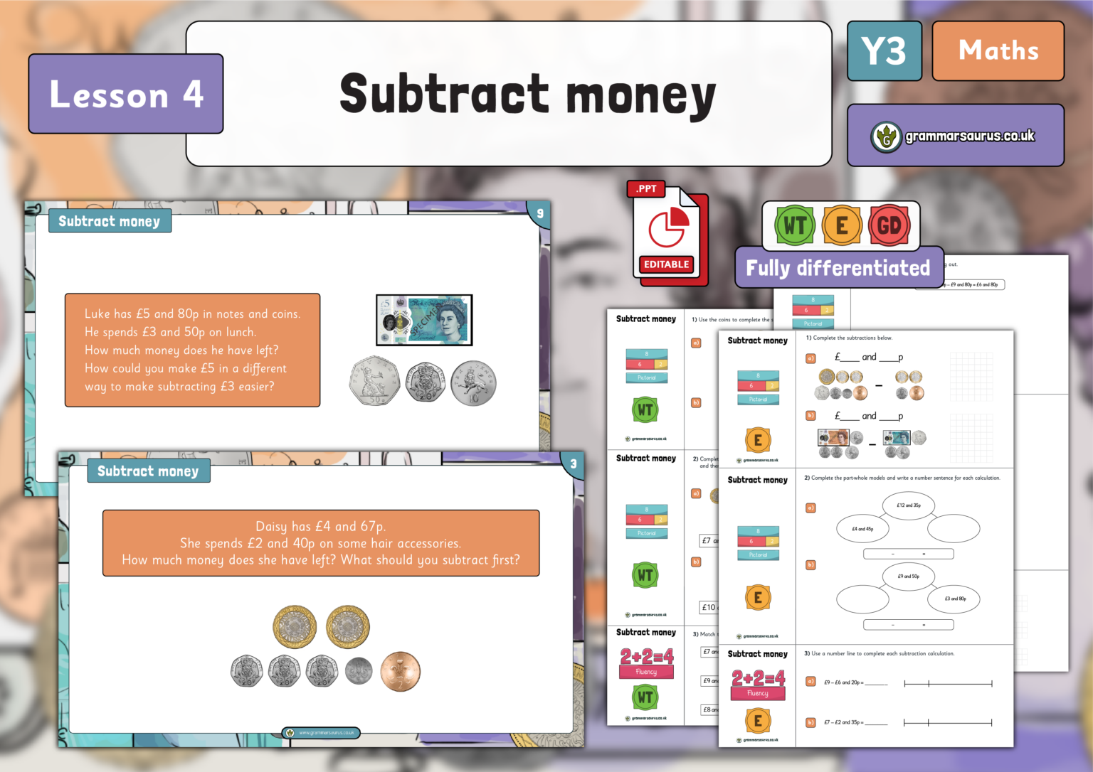 Year 3 Measurement - Money - Subtract Money - Lesson 4 - Grammarsaurus