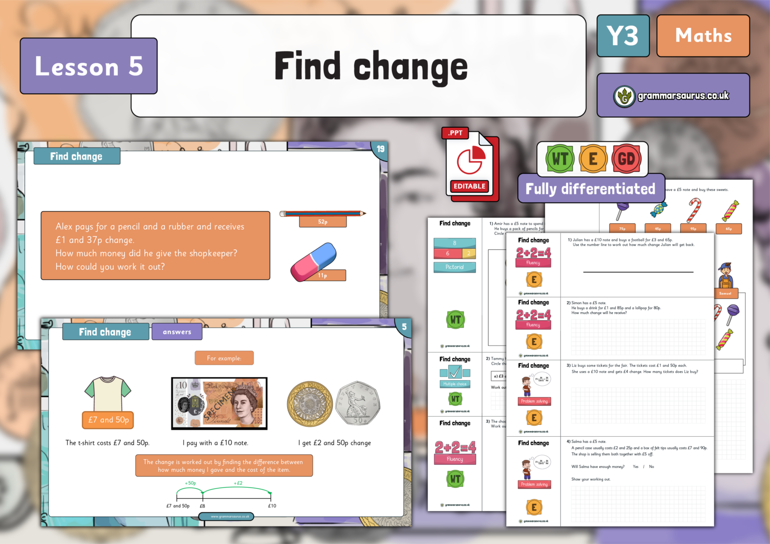 Year 3 Measurement - Money - Find Change - Lesson 5 - Grammarsaurus