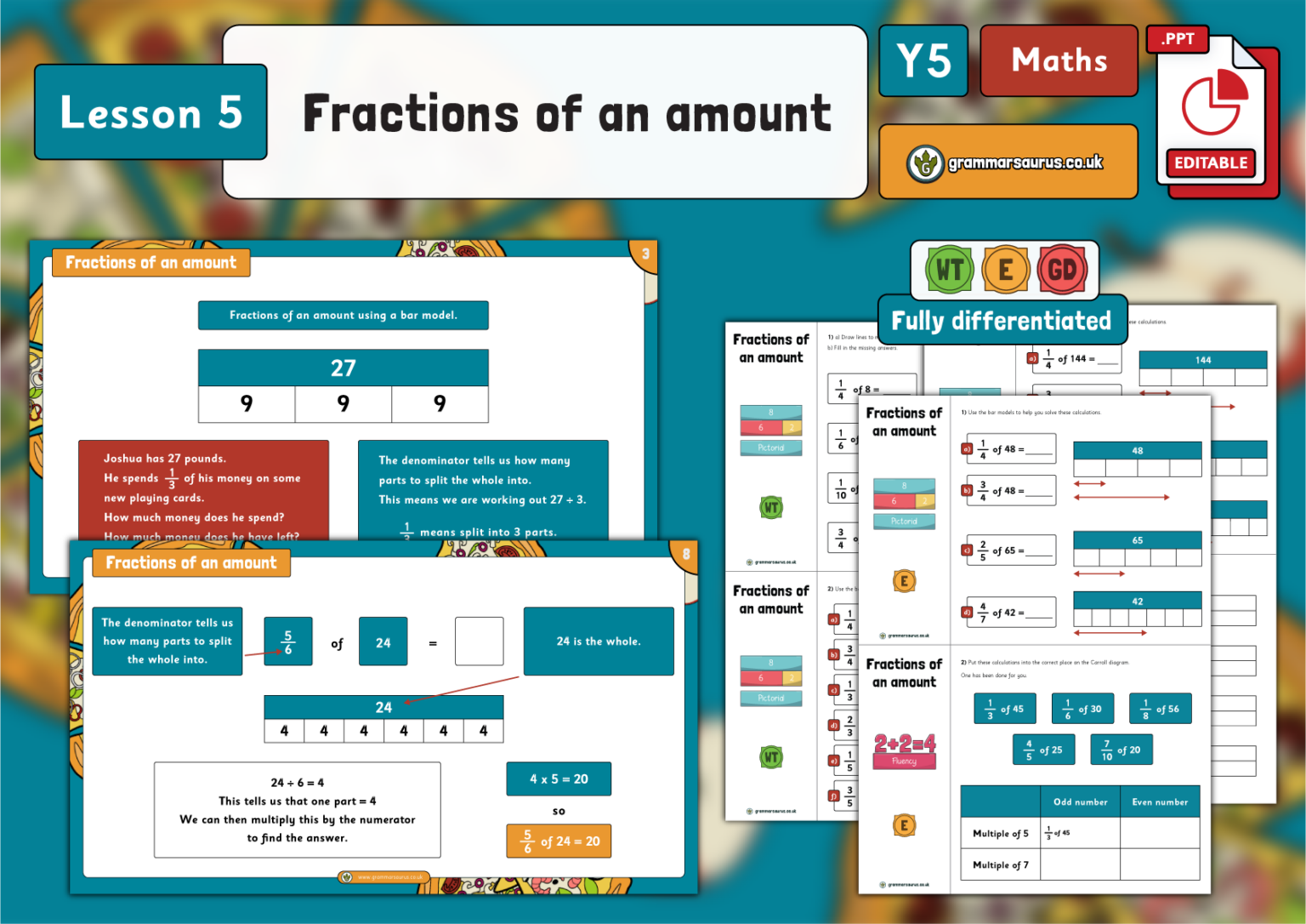 Year 5 Fractions - Fractions of an amount - Lesson 5 - Grammarsaurus