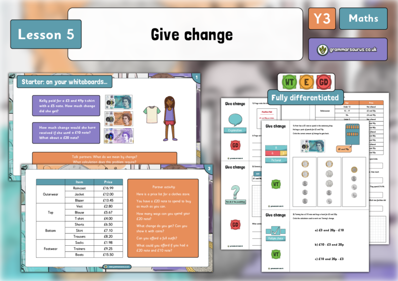 Year 3 Measurement - Money - Give Change - Lesson 5 - Grammarsaurus