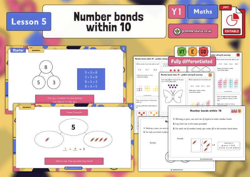 Year 1 Addition and Subtraction (within 10) - Number bonds within 10 - Lesson 5 - Grammarsaurus