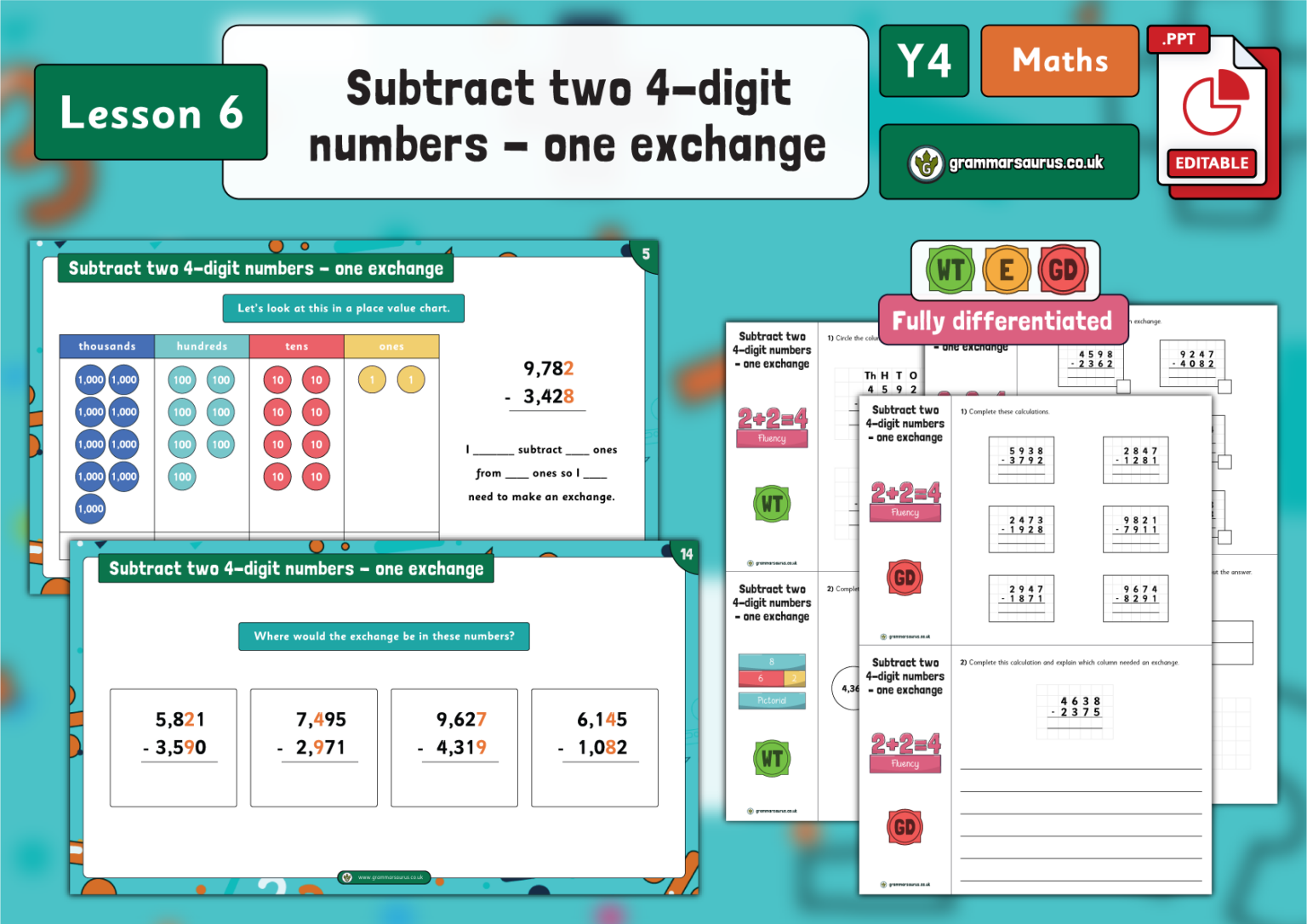 Year 4 Addition and Subtraction - Subtract two 4-digit numbers - one ...