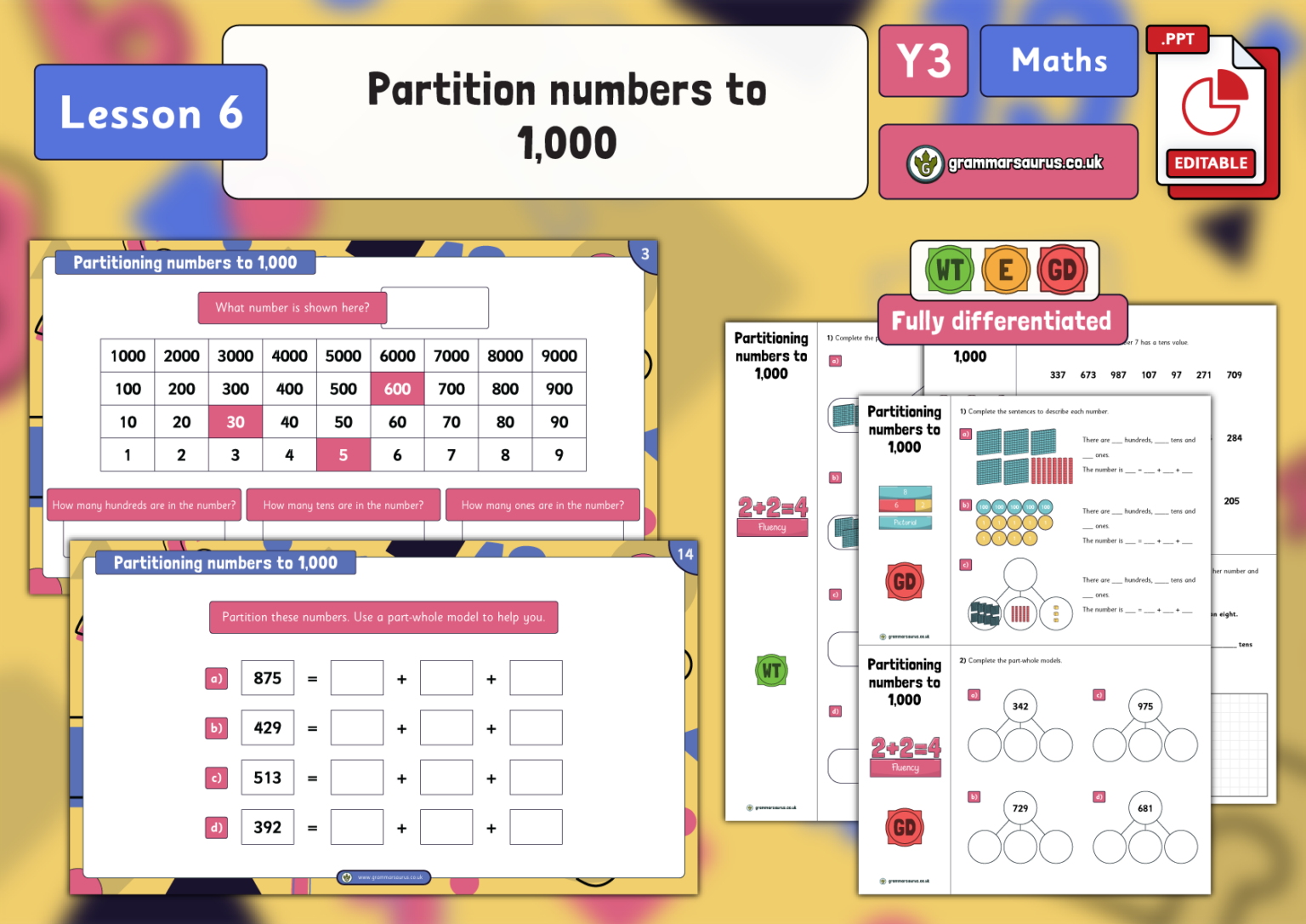 Year 3 Place Value - Partition numbers to 1,000 - Lesson 6 - Grammarsaurus