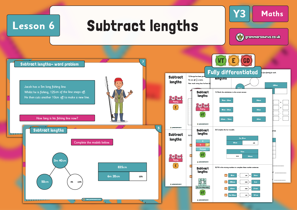 Year 3 Length and Perimeter - Subtract lengths - Lesson 6 - Grammarsaurus