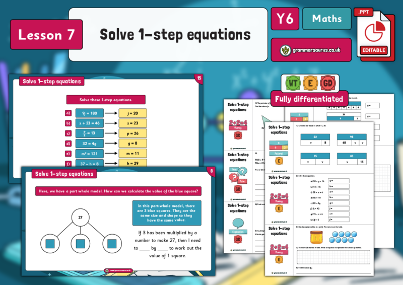 Year 6 Algebra - Solve 1-step equations - Lesson 7 - Grammarsaurus