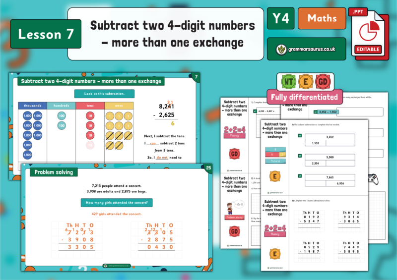 Year 4 Addition and Subtraction - Subtract two 4-digit numbers - more than one exchange - Lesson ...