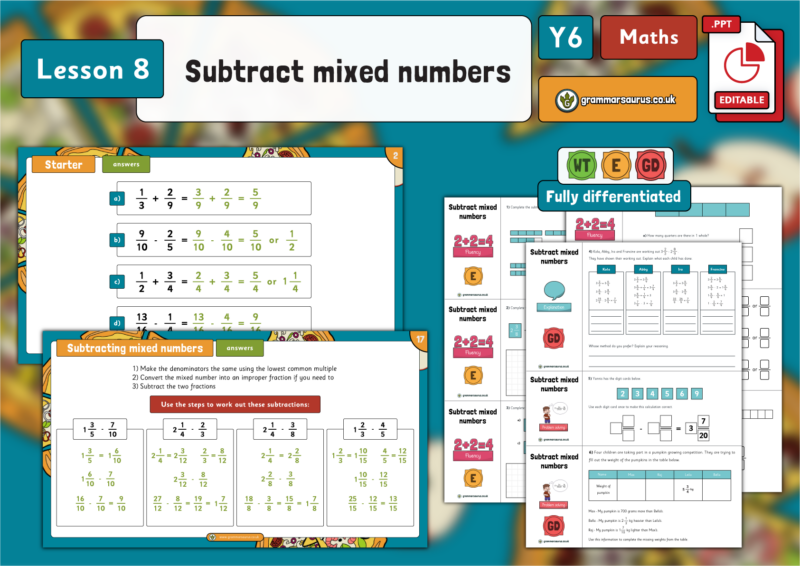 Year 6 Fractions A - Subtract mixed numbers - Lesson 8 - Grammarsaurus